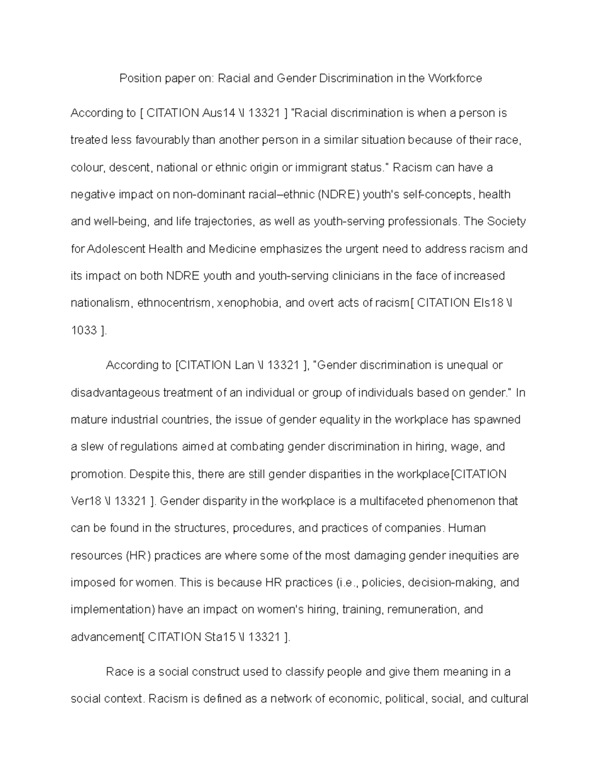 Activity 8 Position Paper - Position paper on: Racial and Gender ...