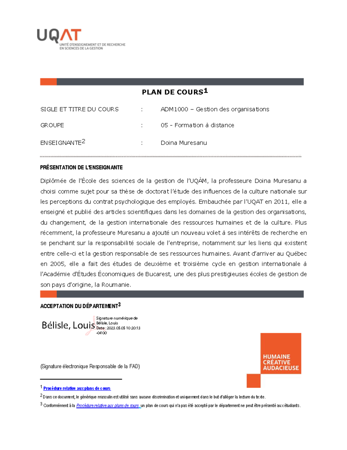ADM1000 - Plan de cours - PLAN DE COURS 1 SIGLE ET TITRE DU COURS ...