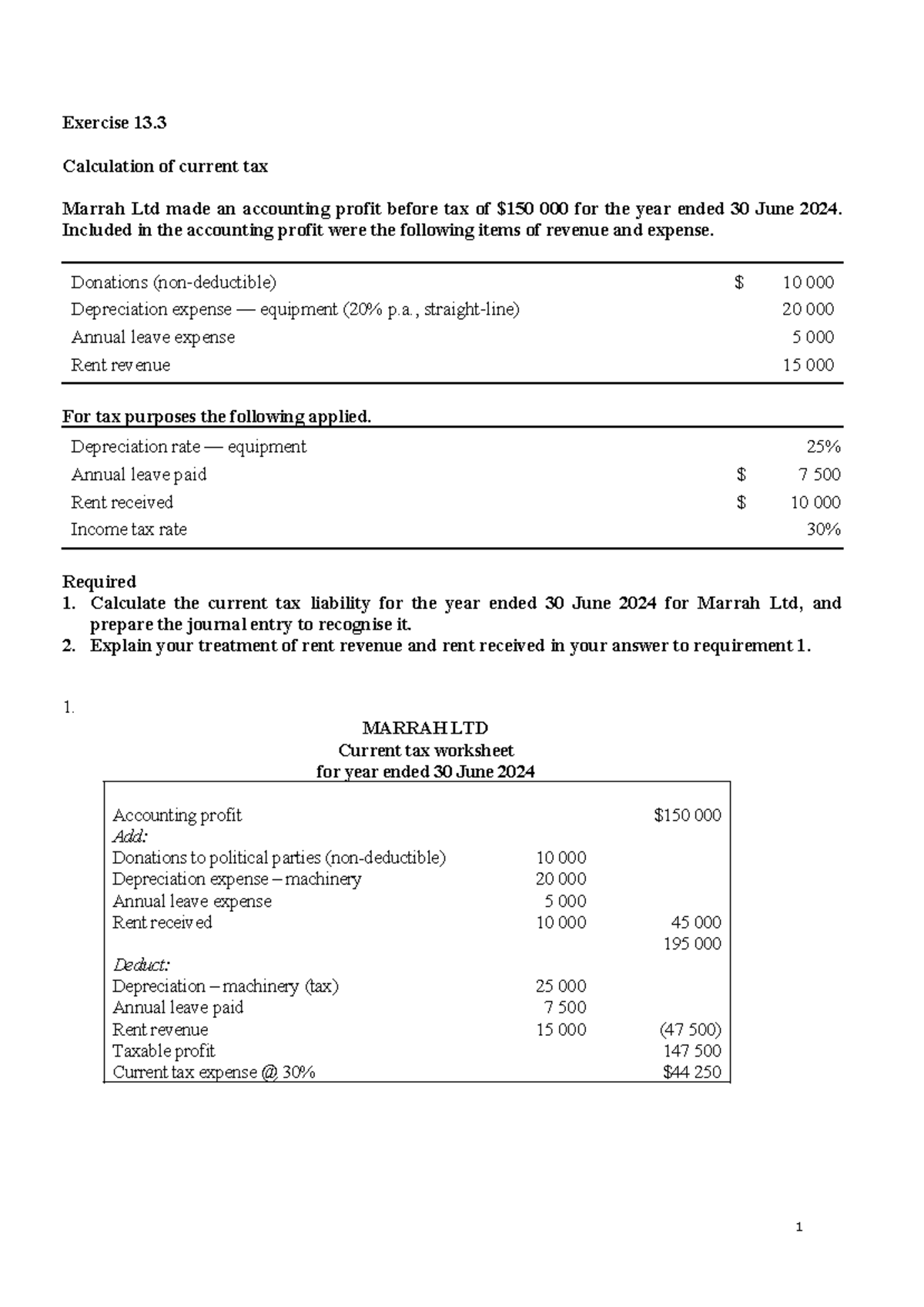 Tut 2 - Business studies - Exercise 13. Calculation of current tax ...