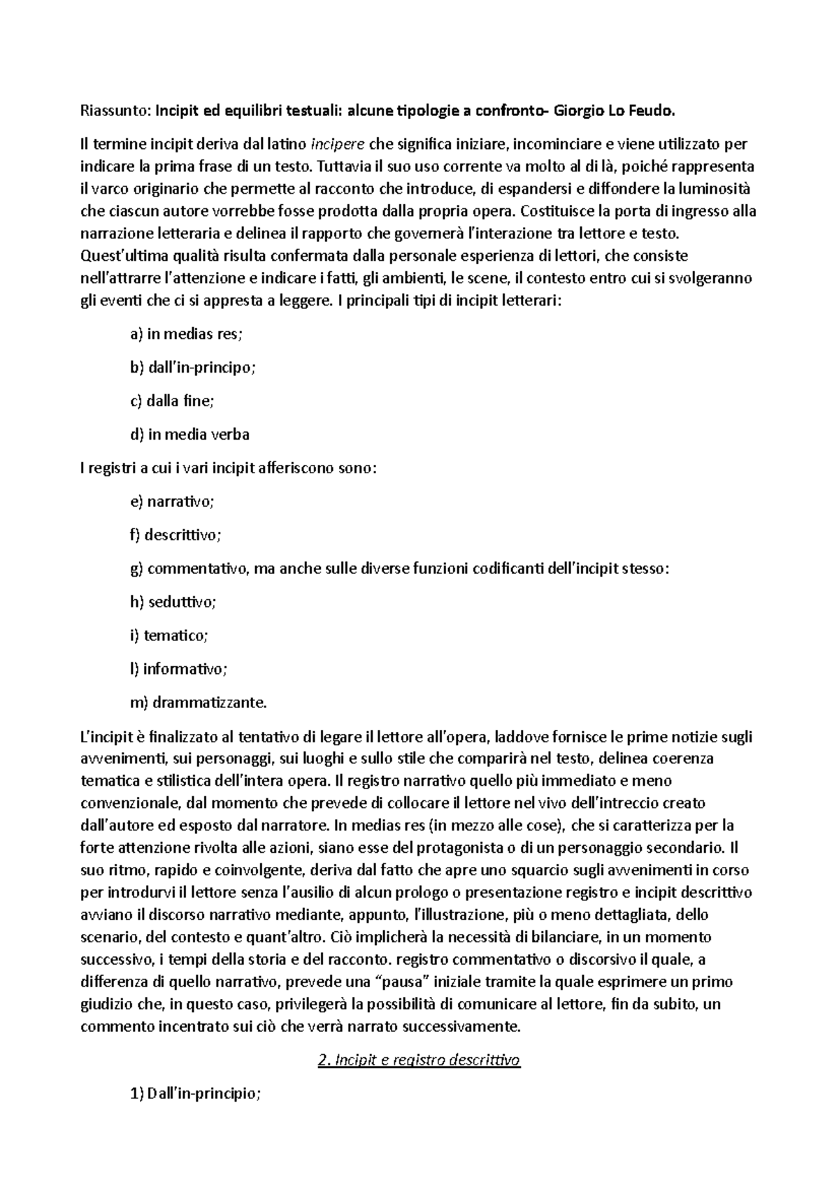 Riassunto Incipit ed equilibri testuali alcune tipologie a confronto ...