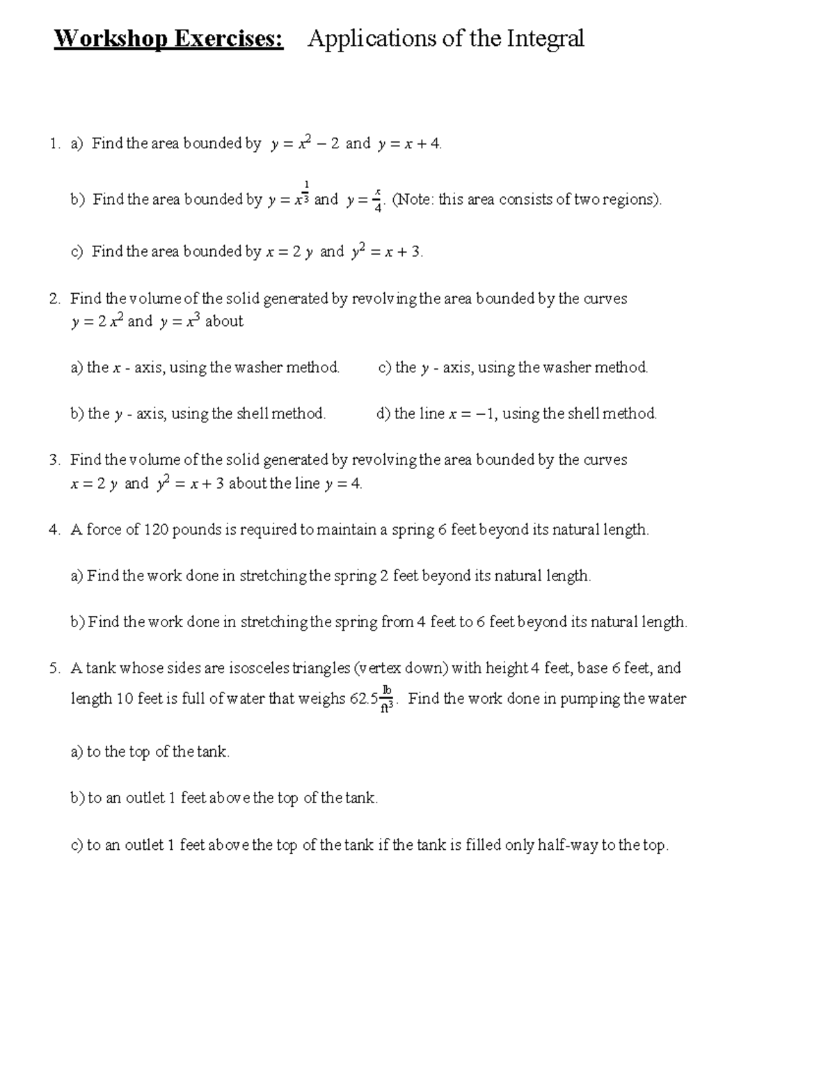 Applications of the Integral Exercises -2018 - Workshop Exercises ...