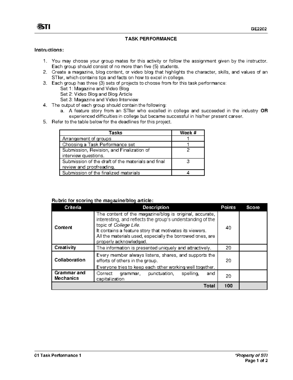 01 Task Performance 1(10) - GE 01 Task Performance 1 *Property of STI ...