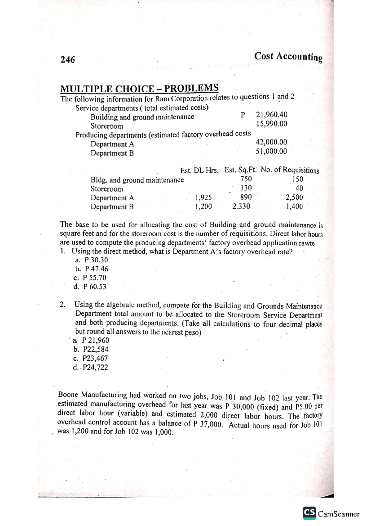Chapter 8 Multipe Choice - Problems - Cost Accounting and Control - Studocu