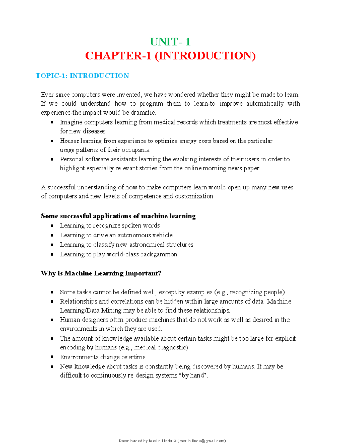 Ml Unit 1 Notes Ml Unit 1 Unit 1 Chapter 1 Introduction Topic 1 Introduction Ever