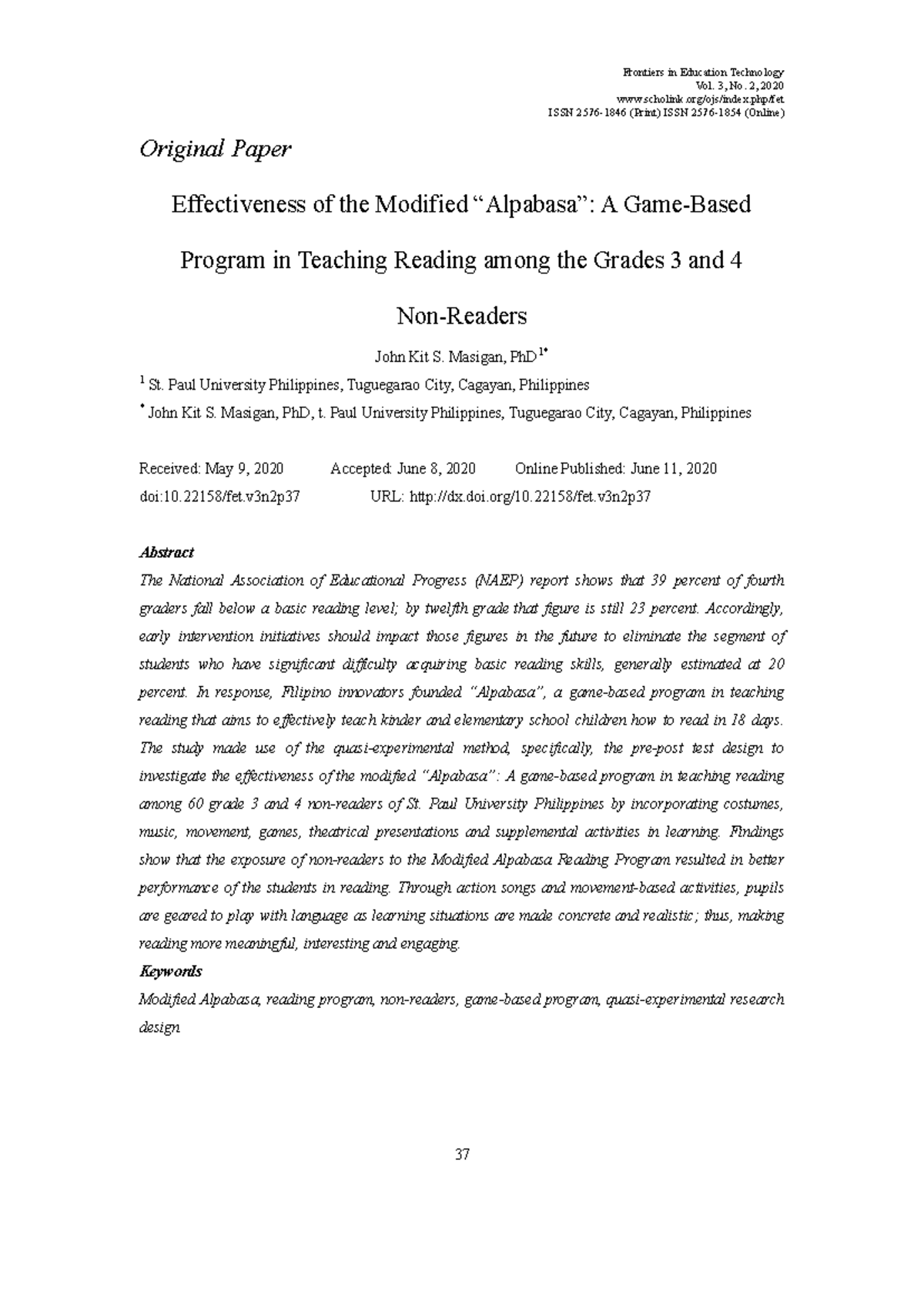 Effectiveness of the Modified Alpabasa A - Frontiers in Education ...