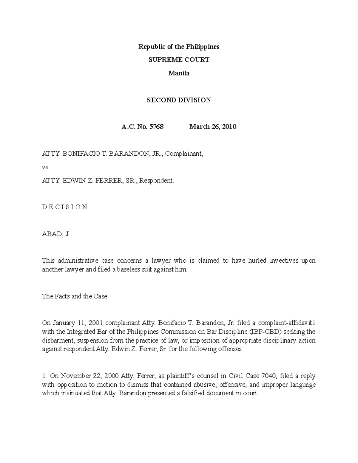 14 Atty. Bonifacio Barandon, Jr. vs. Atty. Edwin Ferrer, Sr - Republic ...