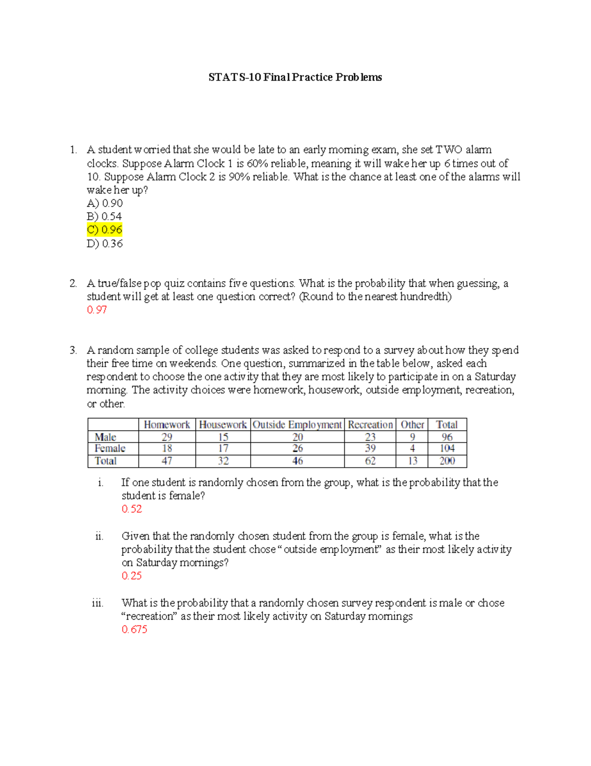 Final Practice Problems answer key - STATS- 10 Final Practice Problems ...