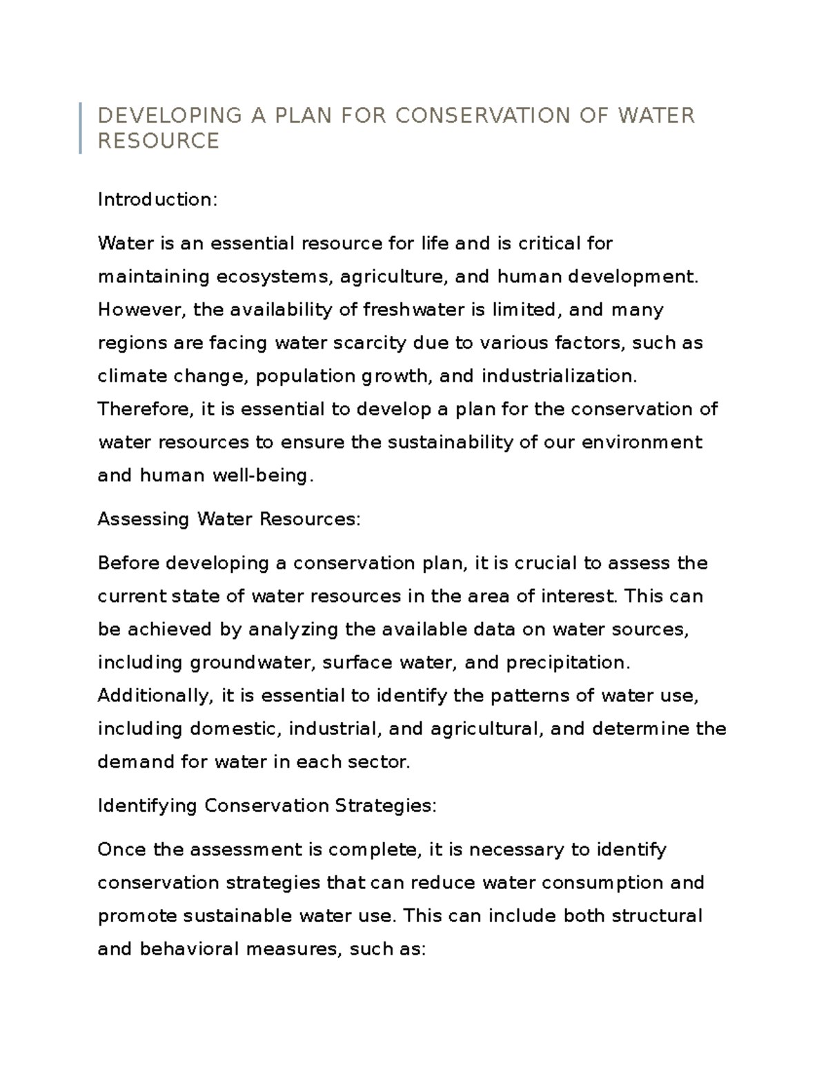 Developing A PLAN FOR Conservation OF Water Resource - DEVELOPING A ...