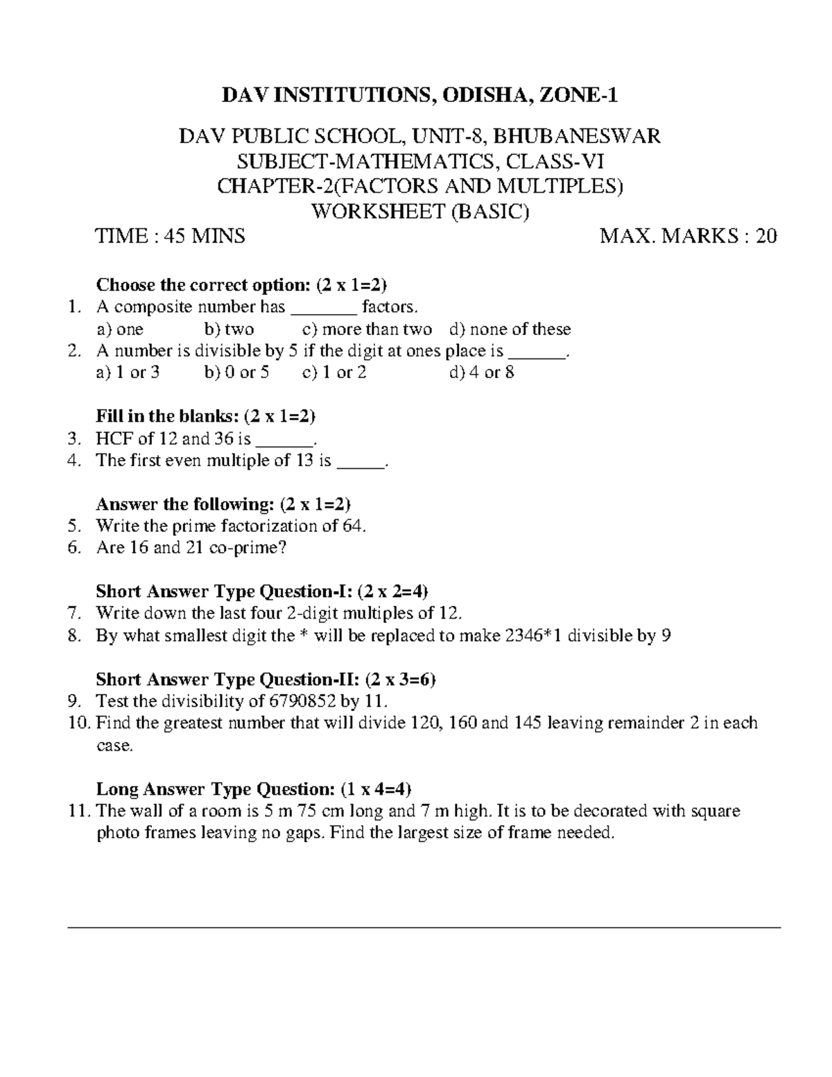 Worksheet factors and multiples - DAV PUBLIC SCHOOL, UNIT-8, BHUBANESWAR SUBJECT-MATHEMATICS ...