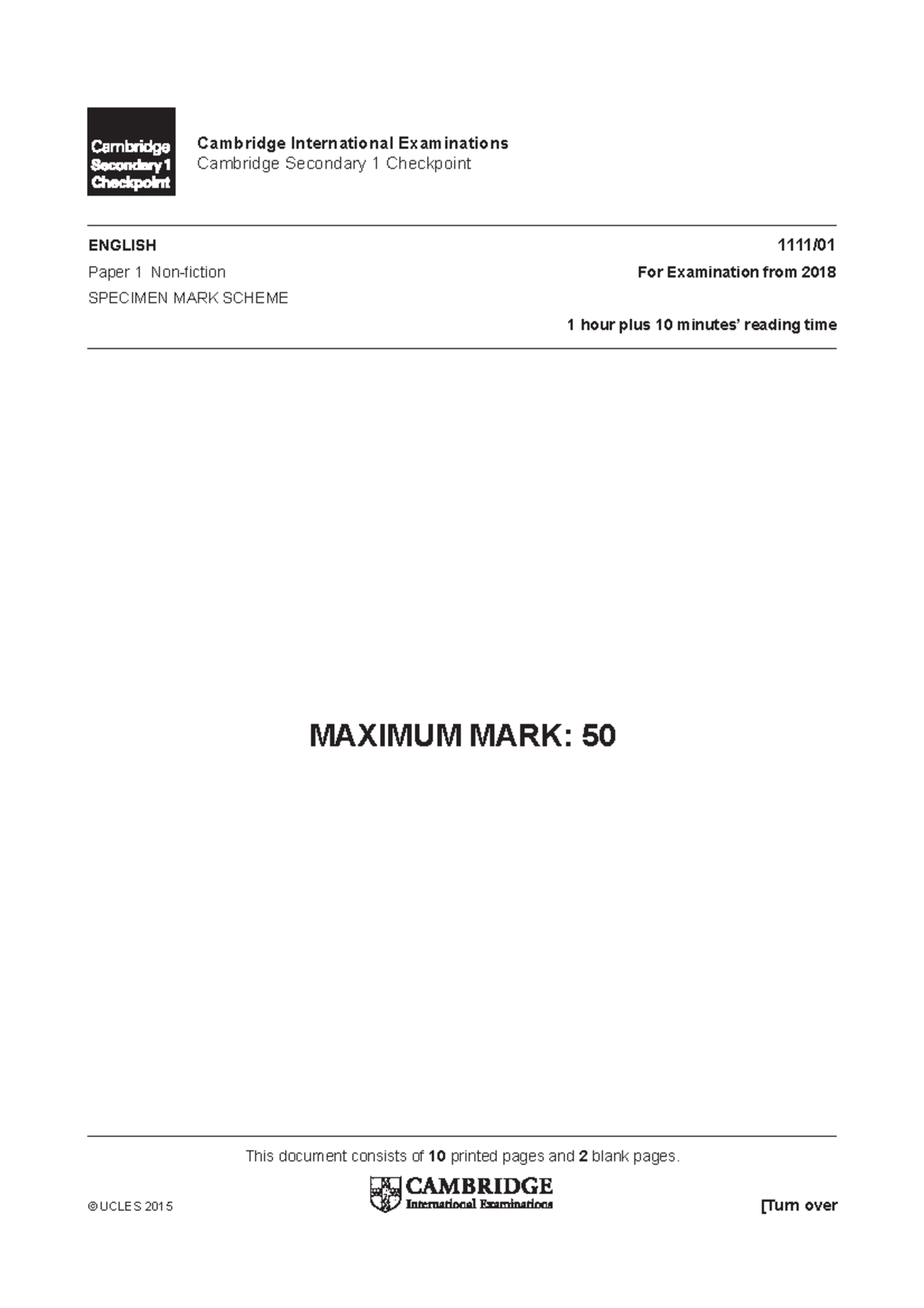 CIE English Paper 1- Marking Scheme - This document consists of 10 ...