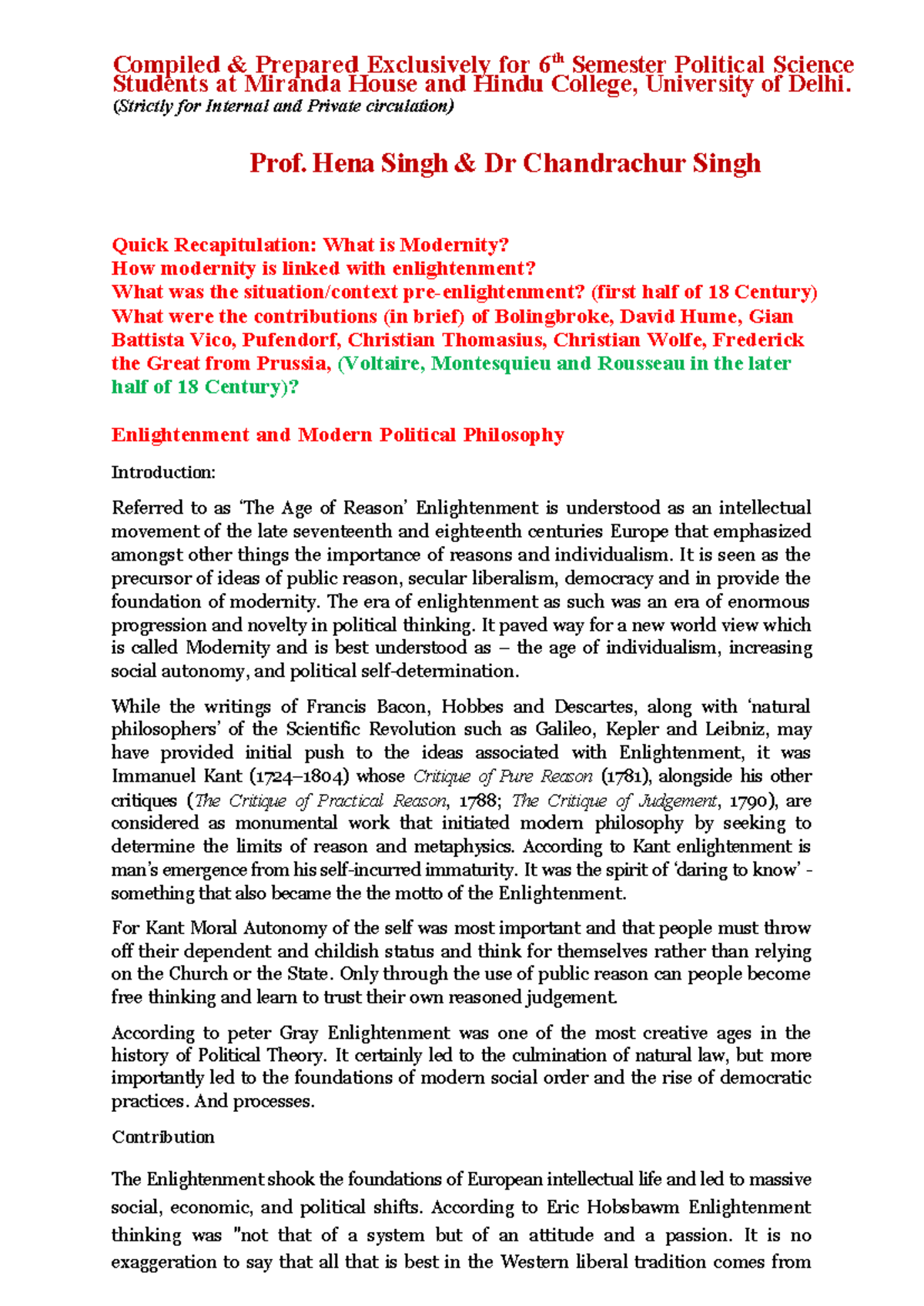 1. Enlightenment and Modernity - Prof. Hena Singh & Dr Chandrachur ...