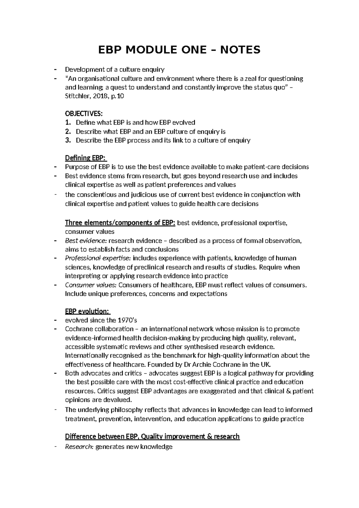 EBP Module ONE - Notes - EBP MODULE ONE – NOTES - Development of a ...