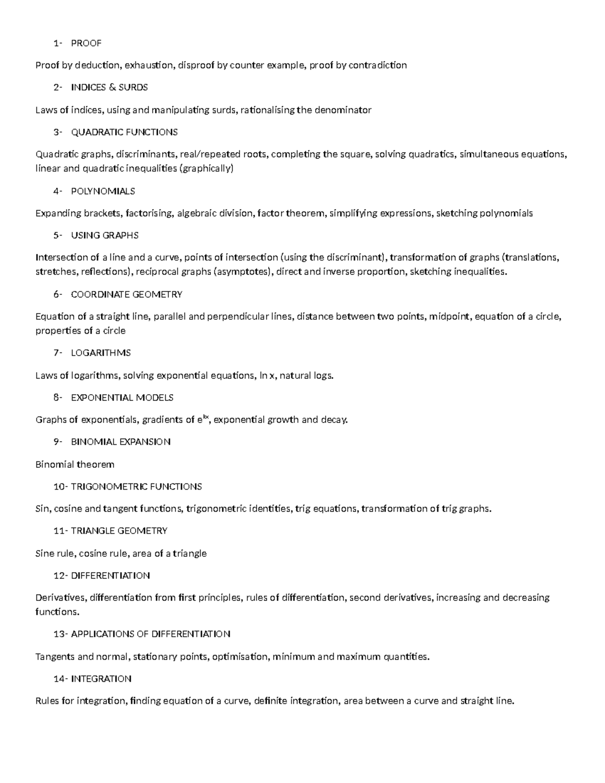 Maths Topic LIST - 1- PROOF Proof by deduction, exhaustion, disproof by ...