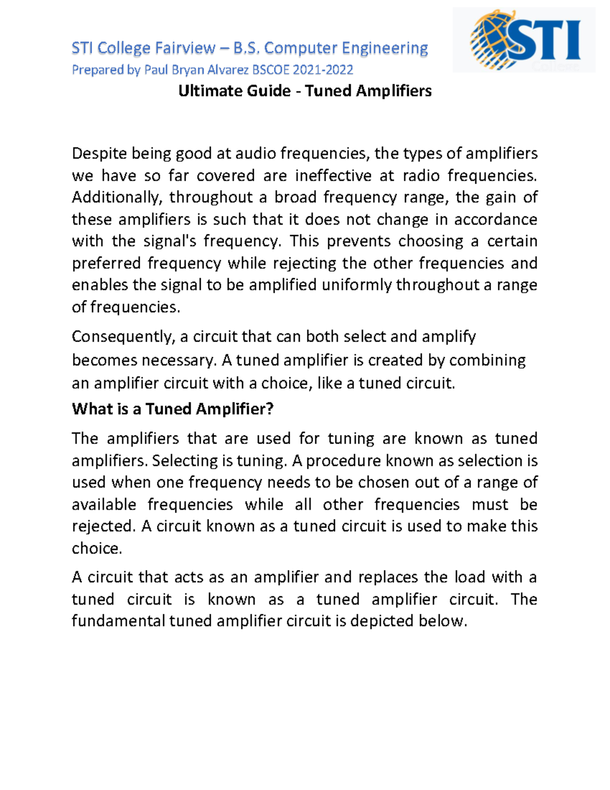Ultimate Guide - Tuned Amplifiers - Prepared by Paul Bryan Alvarez BSCOE 2021- Ultimate Guide ...