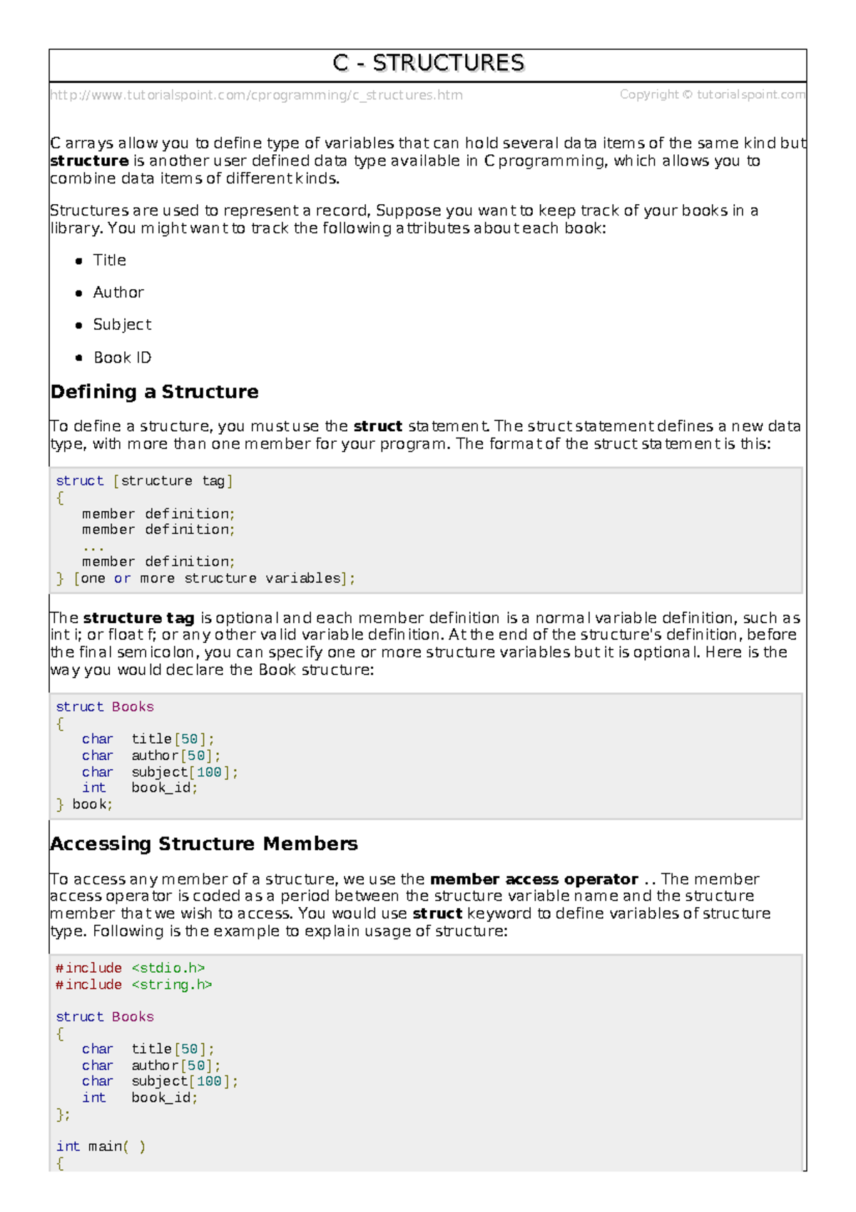 C structures - Summary Computer Application - tutorialspoint ...