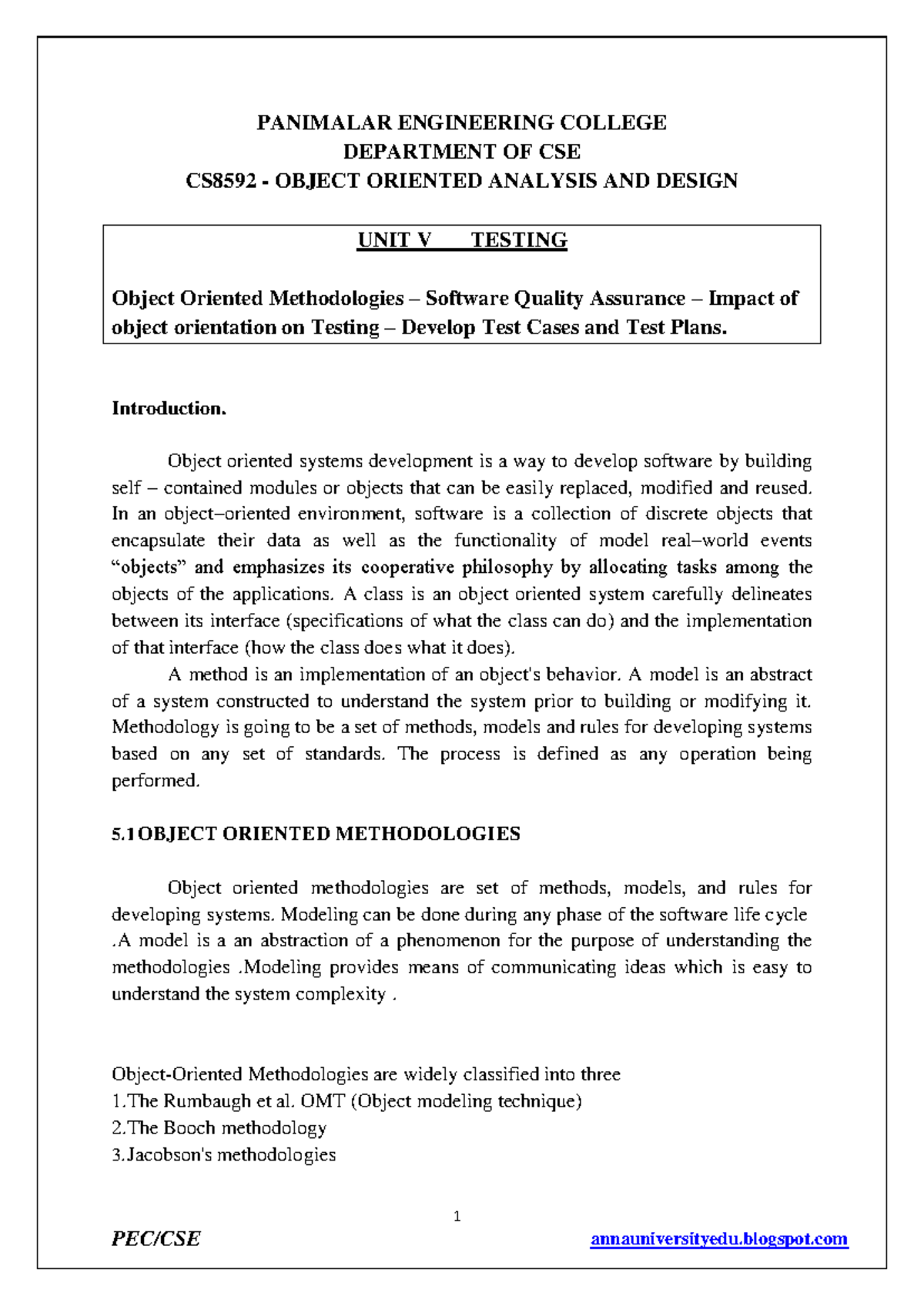 OOAD UNIT-5 - Ooad unit 5 - 1 PANIMALAR ENGINEERING COLLEGE DEPARTMENT ...