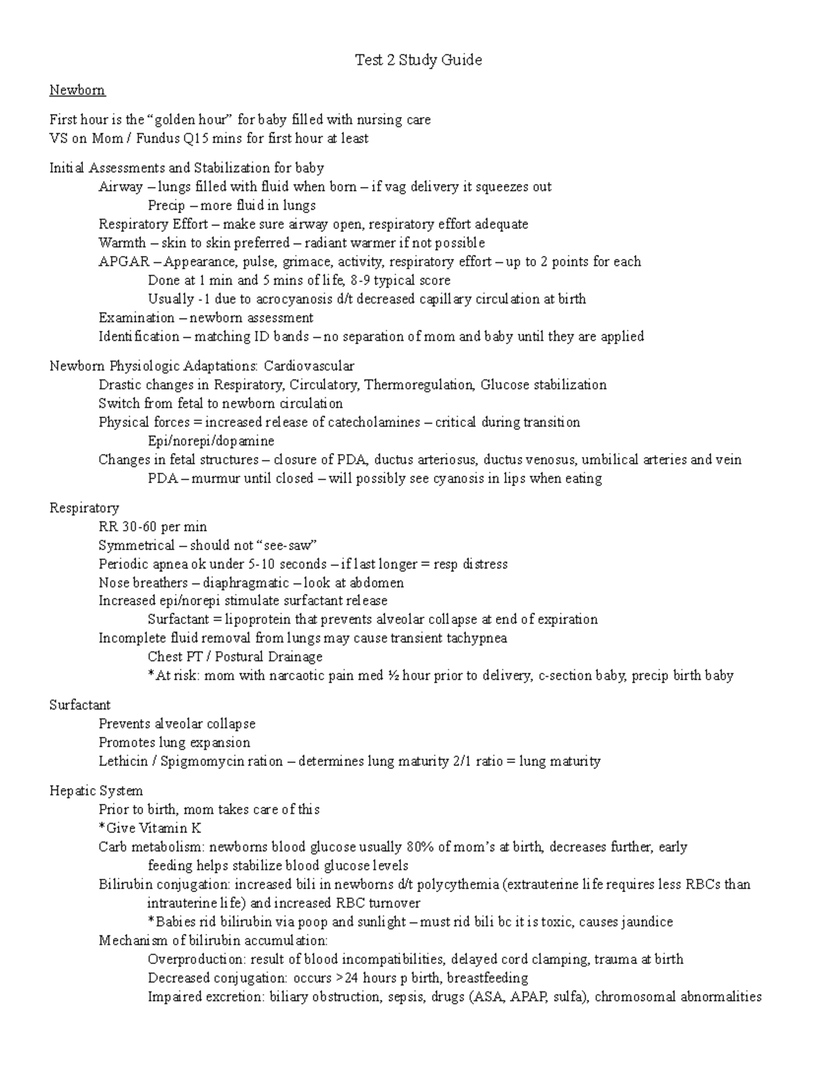 Test 2 Study Guide - Test 2 Study Guide Newborn First hour is the ...