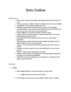 Torts 1 Pager merged - Intentional Torts Intent + Tortious Consequences ...