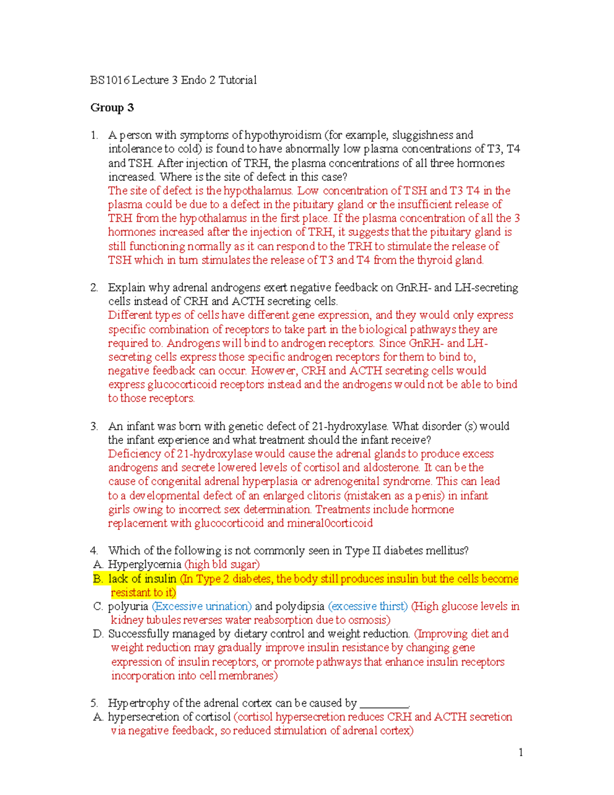 2024 Endo 2 Tutorial Questions - BS1016 Lecture 3 Endo 2 Tutorial Group 3 A person with symptoms ...
