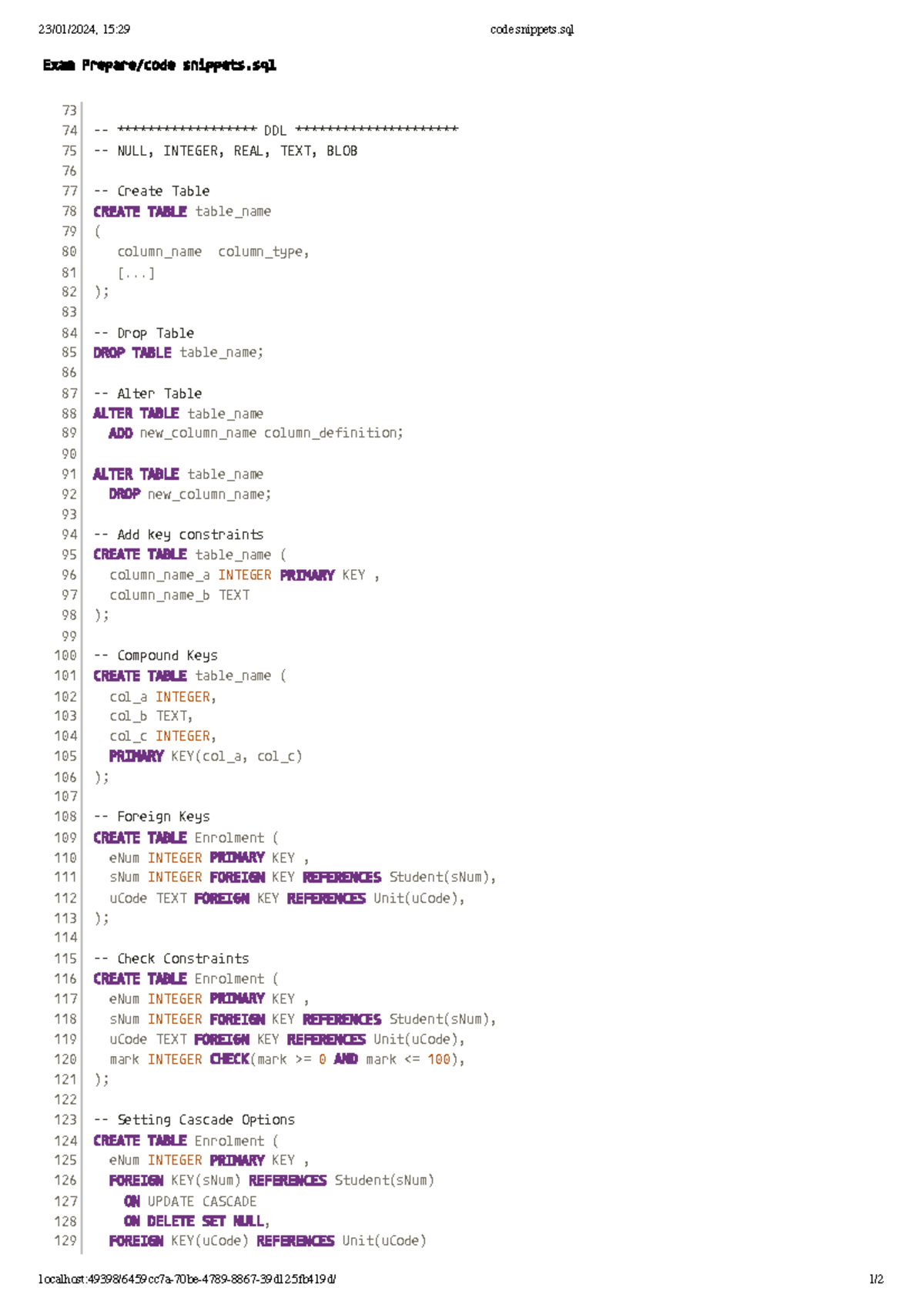 DDL DML - DDL and DML lang summary - 23/01/2024, 15:29 code snippets - Studocu