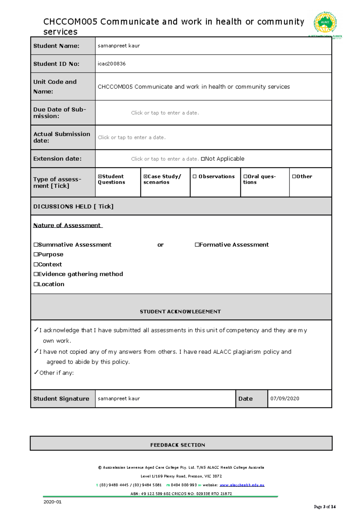 Chccom 005 Assessment 2020-01 - Page 3 of 14 services Student Name ...