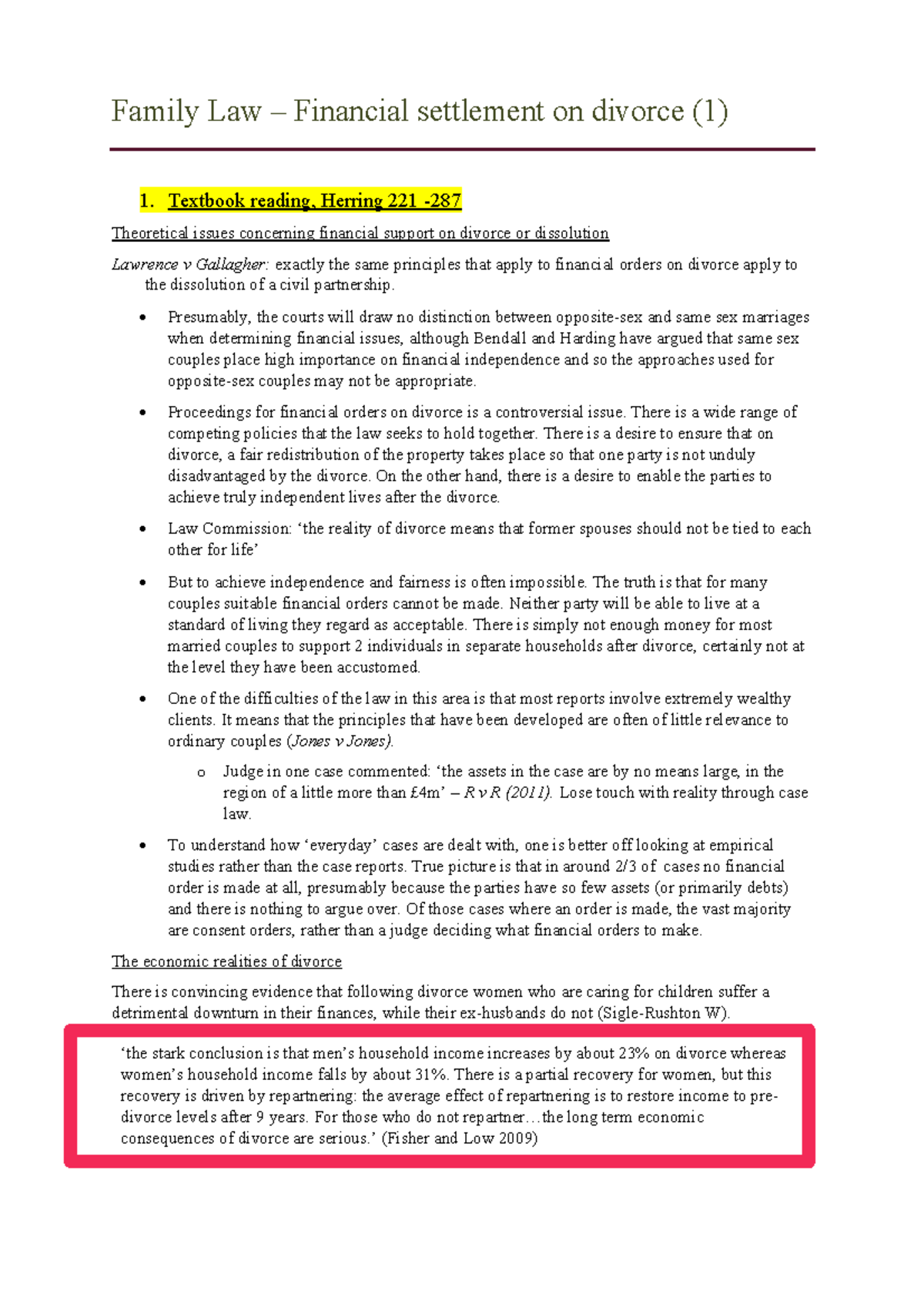 Family law divorce 1 notes - Family Law – Financial settlement on ...