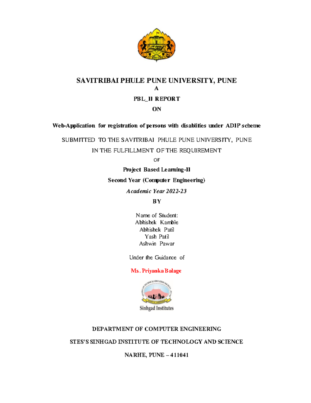 PBL-2 Second year mini pbl project - SAVITRIBAI PHULE PUNE UNIVERSITY, PUNE A PBL_II REPORT ON ...