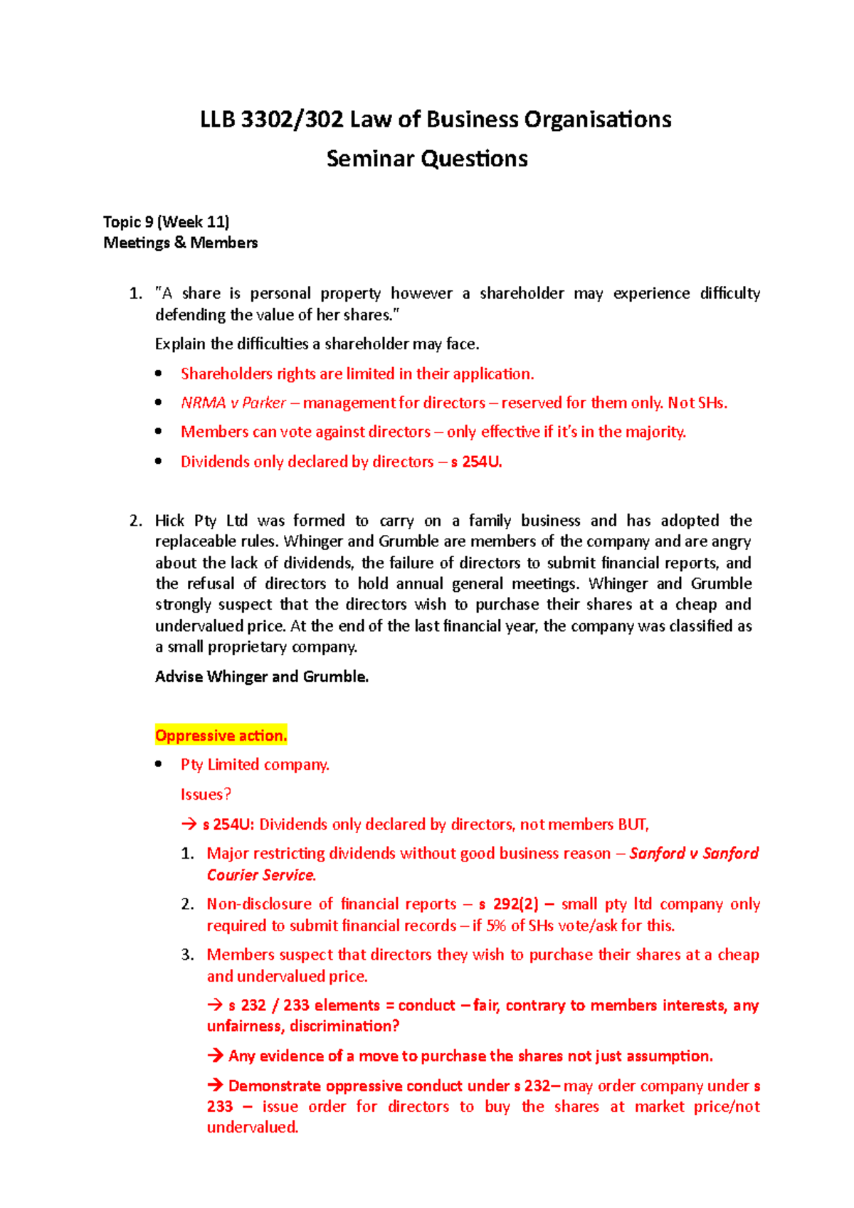 Seminar Questions Week 11 - LLB 3302/302 Law of Business Organisations ...