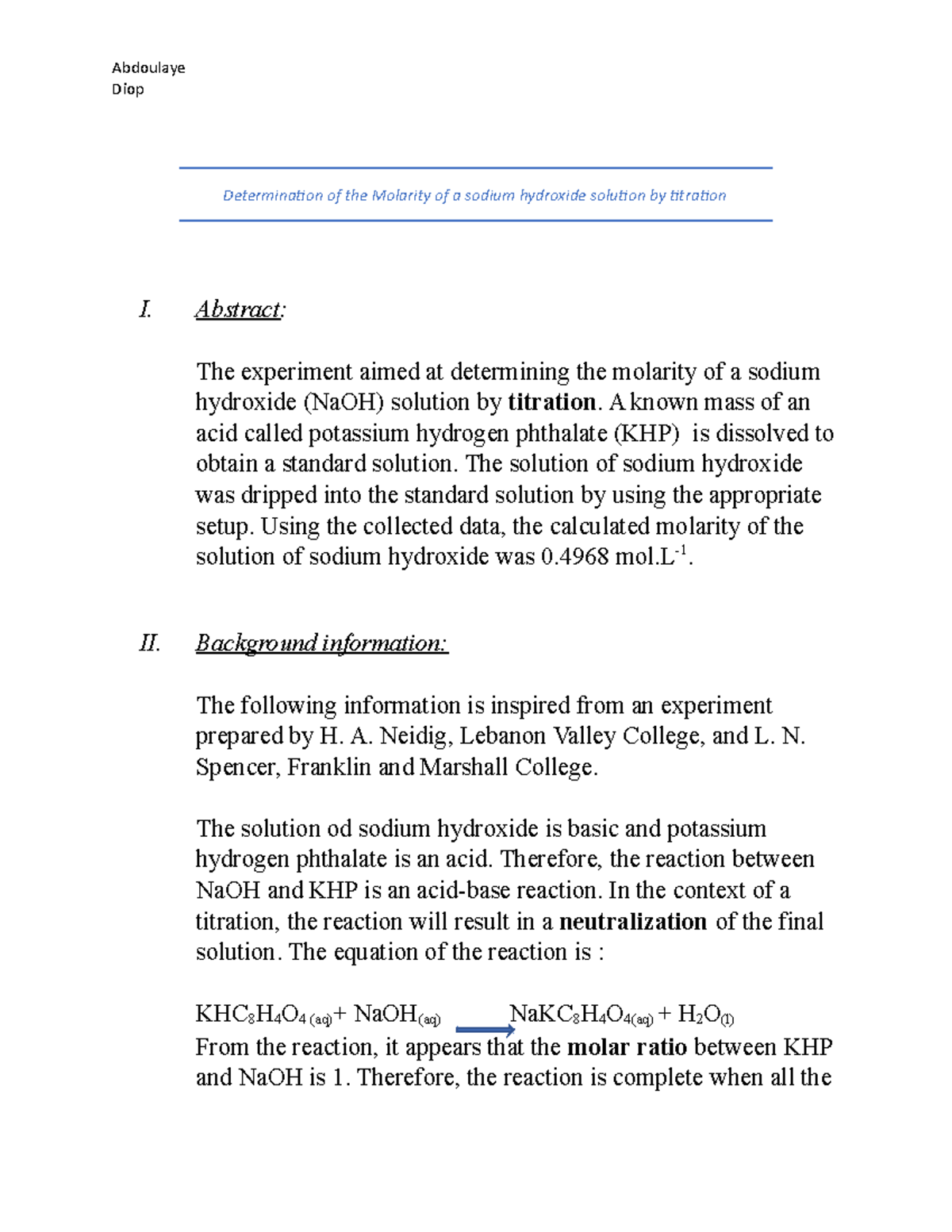 Na OH Titration - lab - Diop Determination of the Molarity of a sodium ...