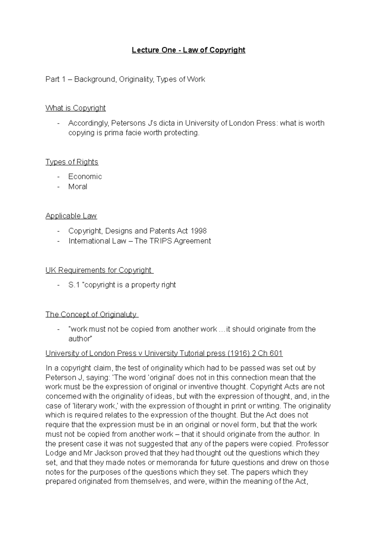 Lecture One - Law of Copyright Notes - Lecture One - Law of Copyright ...