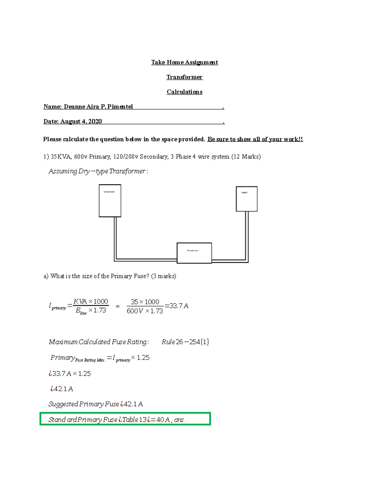 Take Home Assignment - Transformer Calculations - Take Home Assignment Transformer Calculations ...