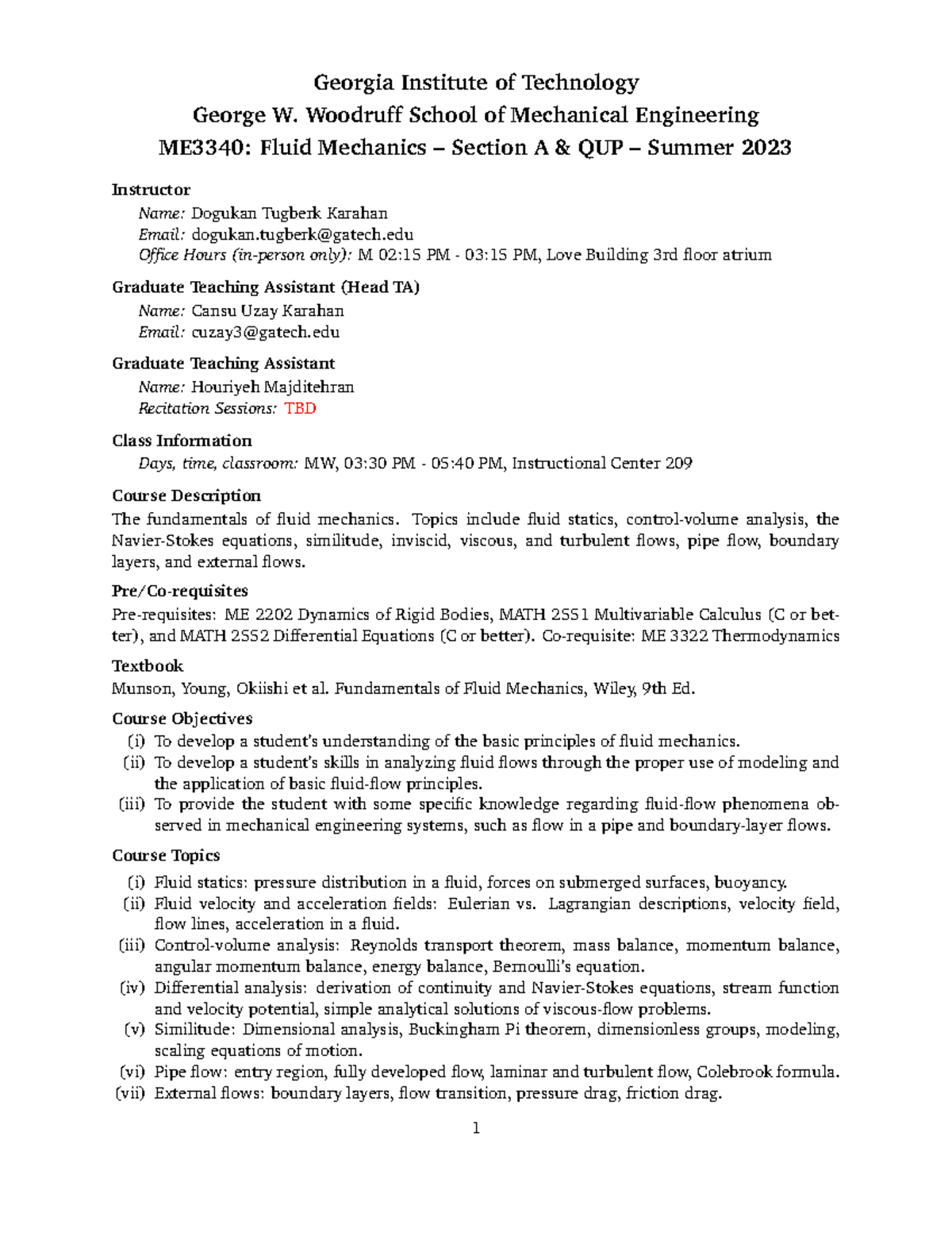 ME3340 Syllabus - Georgia Institute of Technology George W. Woodruff ...