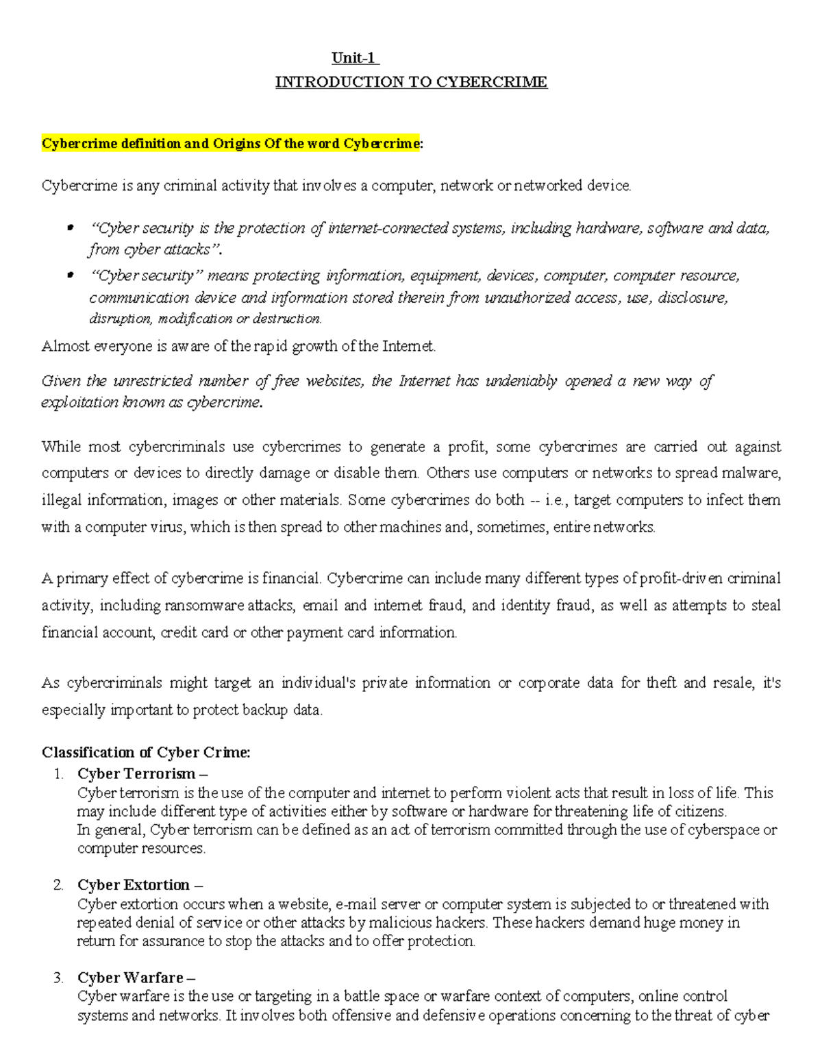 Unit-1 - Unit- INTRODUCTION TO CYBERCRIME Cybercrime definition and ...