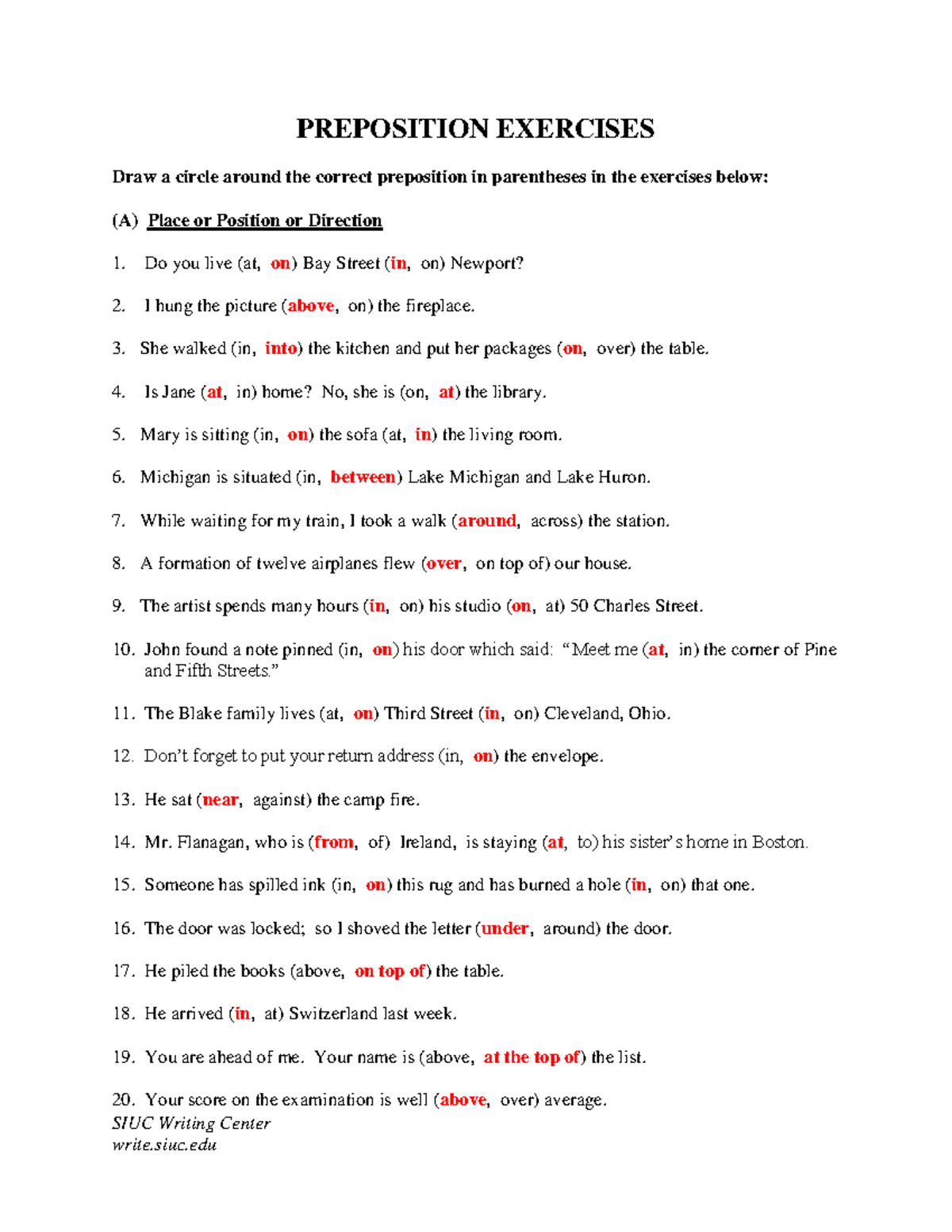 Preposition exercises answer key - SIUC Writing Center PREPOSITION ...