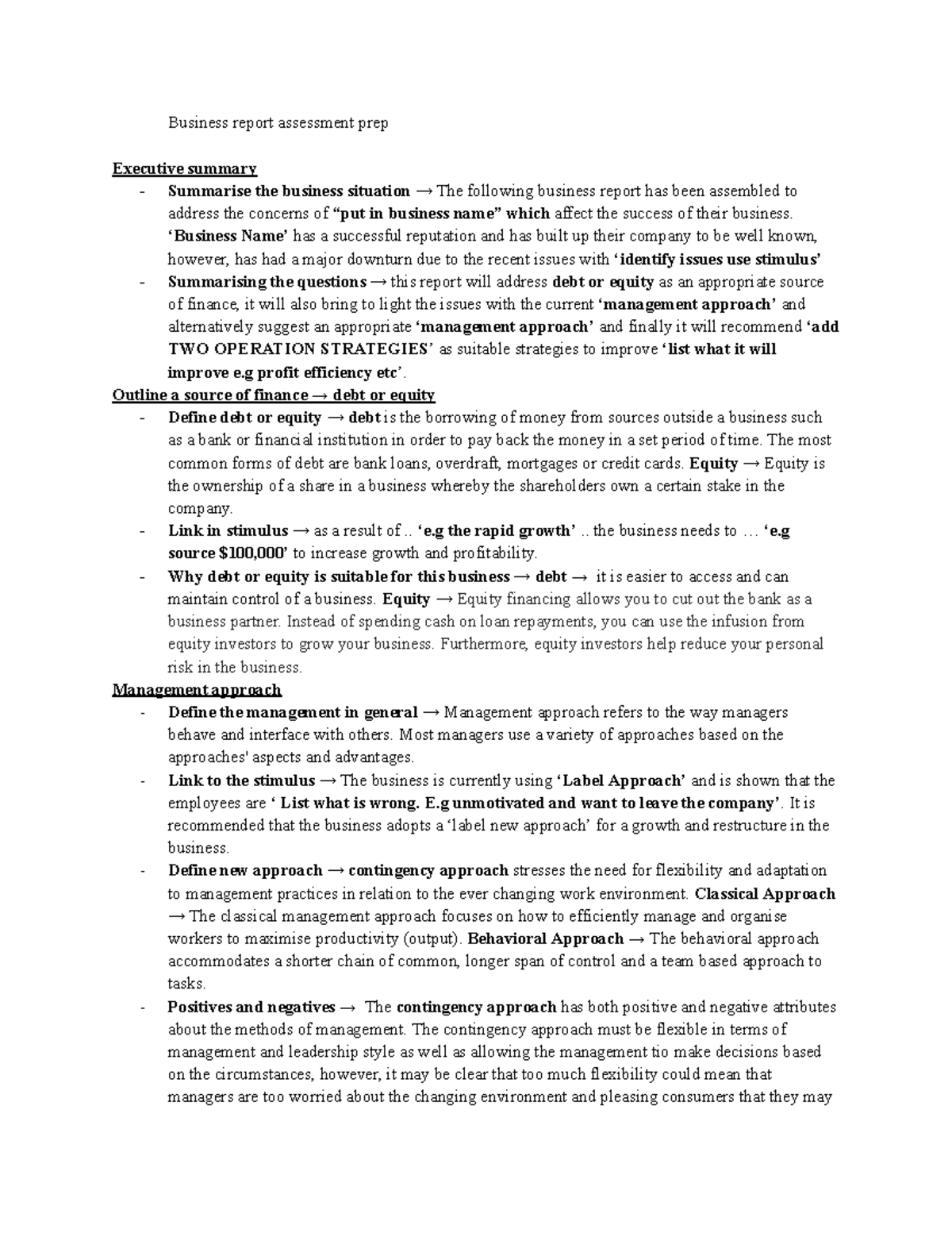 Business notes - Business report assessment prep Executive summary ...