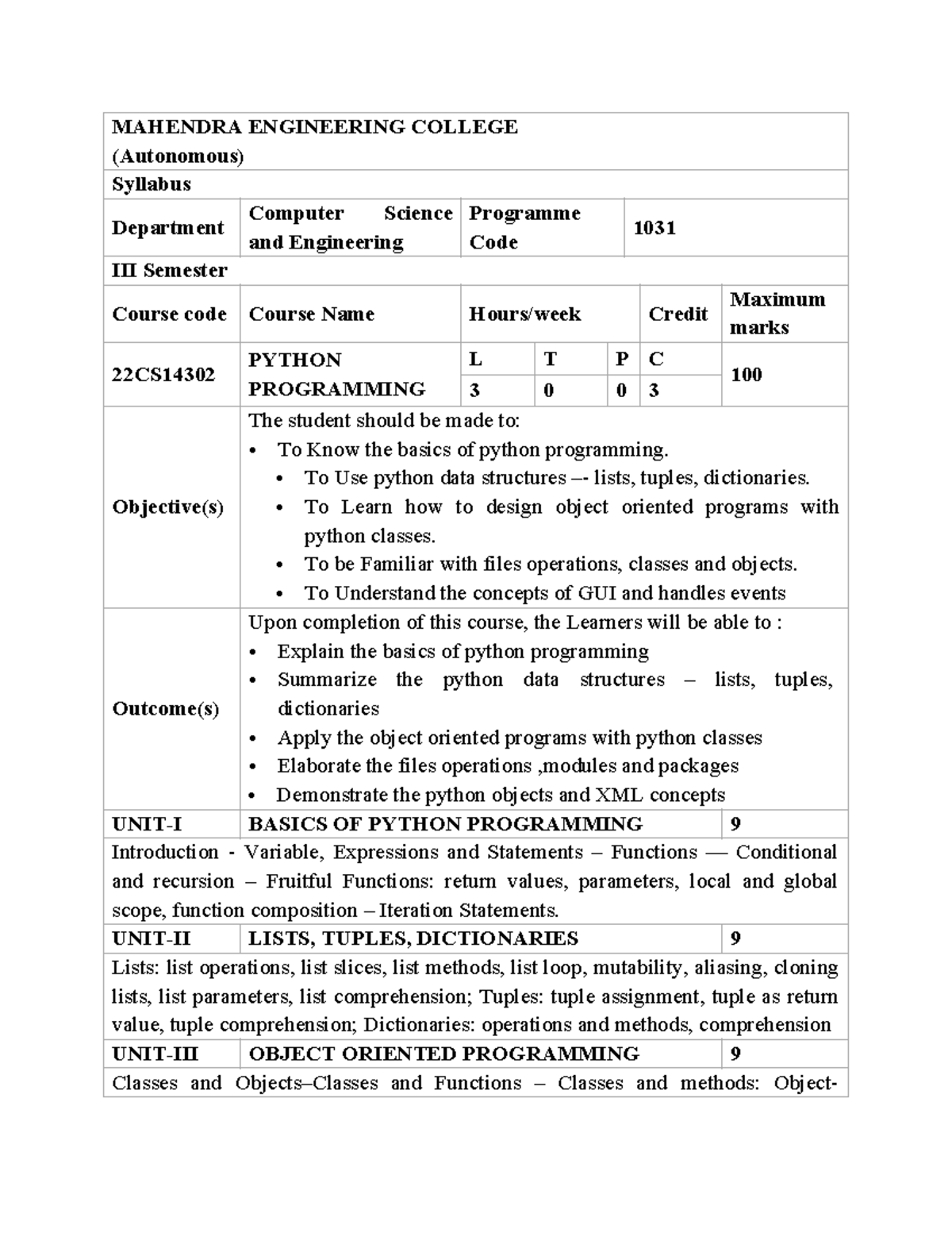 Python Unit I Notes - MAHENDRA ENGINEERING COLLEGE (Autonomous ...