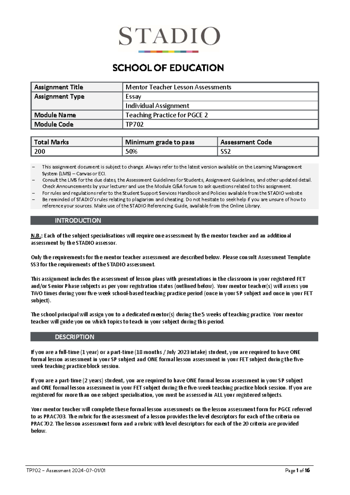 Stadio Assignment Template TP702 SS2 2024 - SCHOOL OF EDUCATION ...