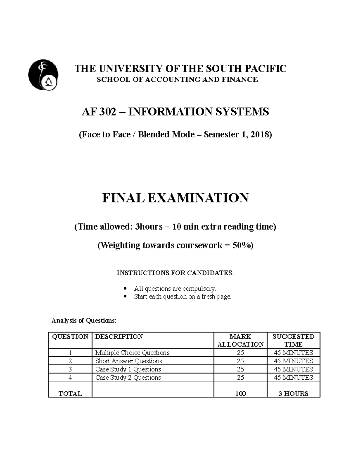 2018 final exam question paper new - THE UNIVERSITY OF THE SOUTH ...