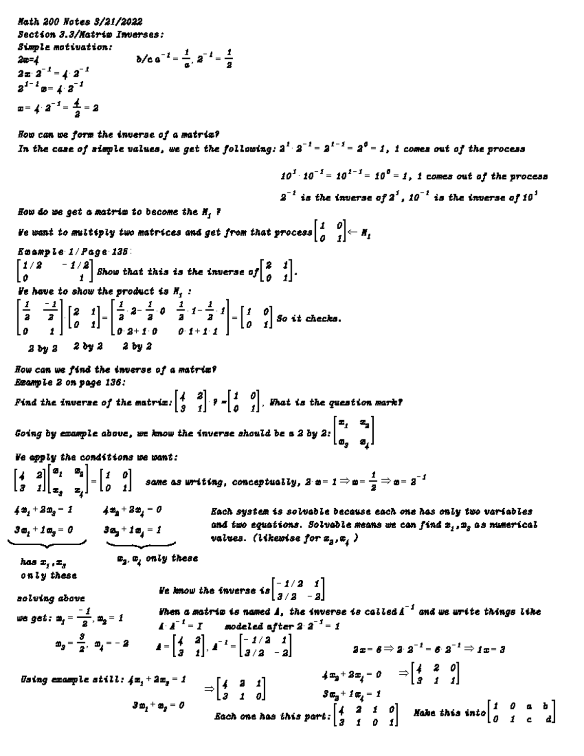 Notes math 200 3 21 2022 - finding matrix inverses, shown step by step ...