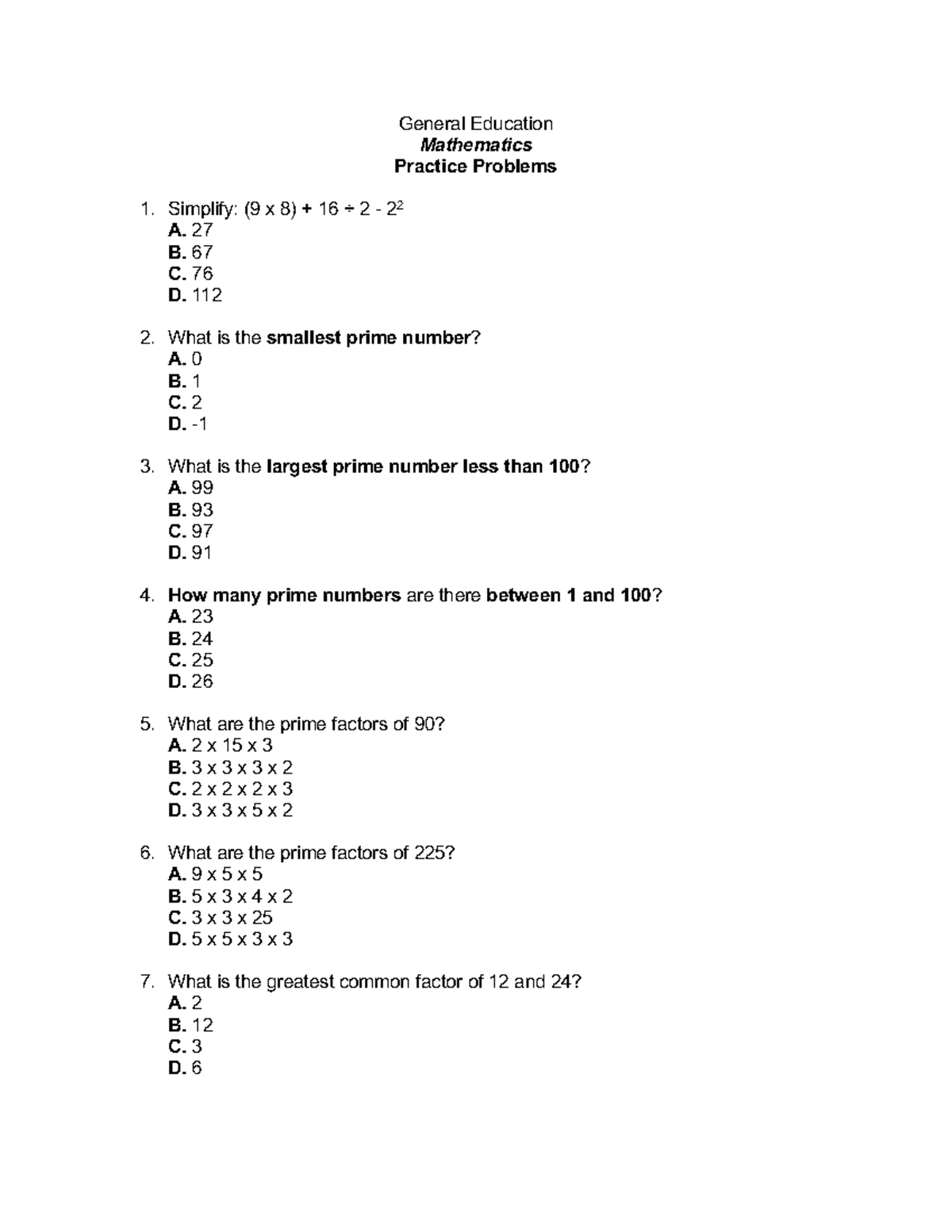 GE Math Practice Problems - General Education Mathematics - 1. Simplify ...