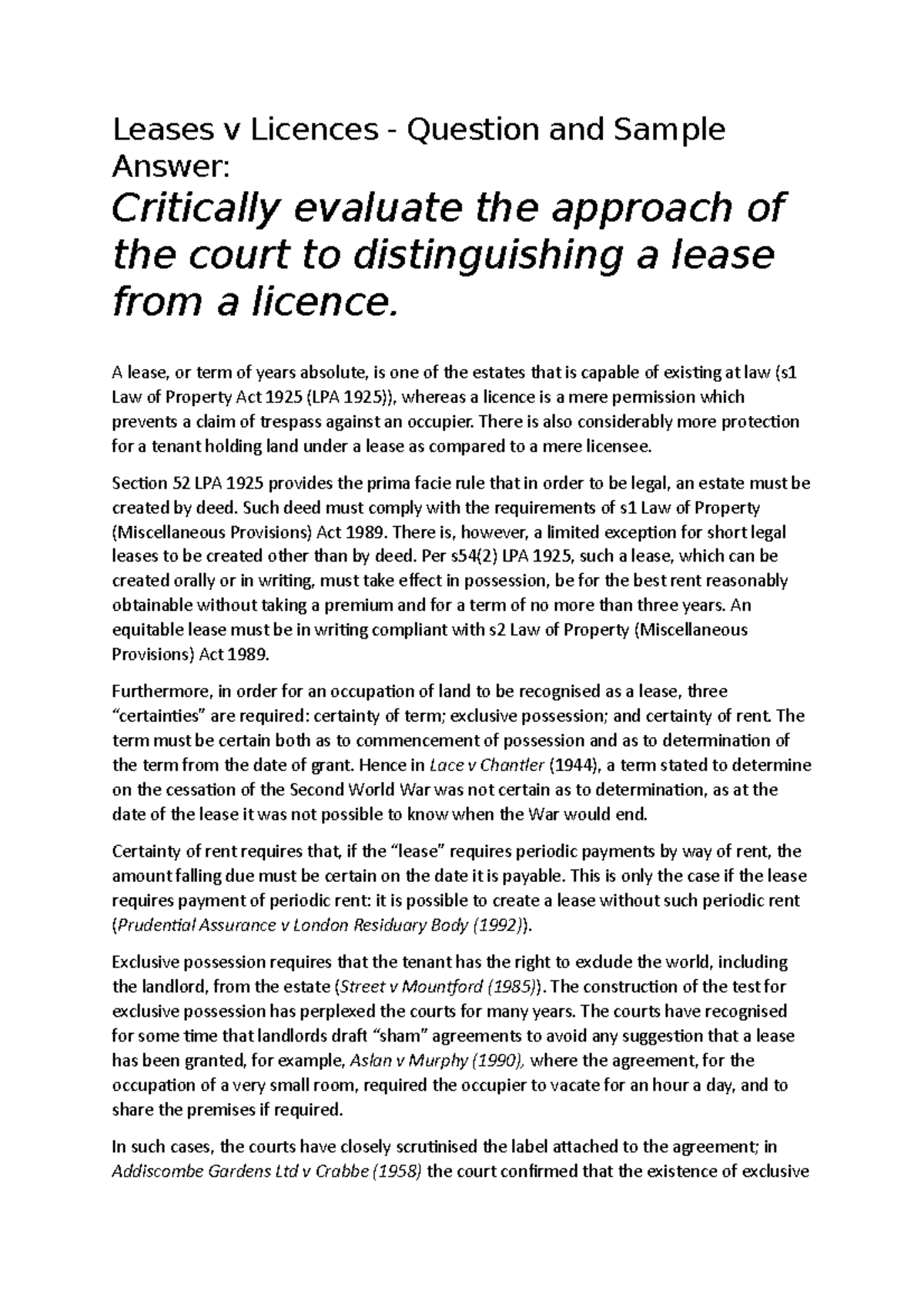 Land Law Leases v Licences Question and Sample Answer - Leases v ...