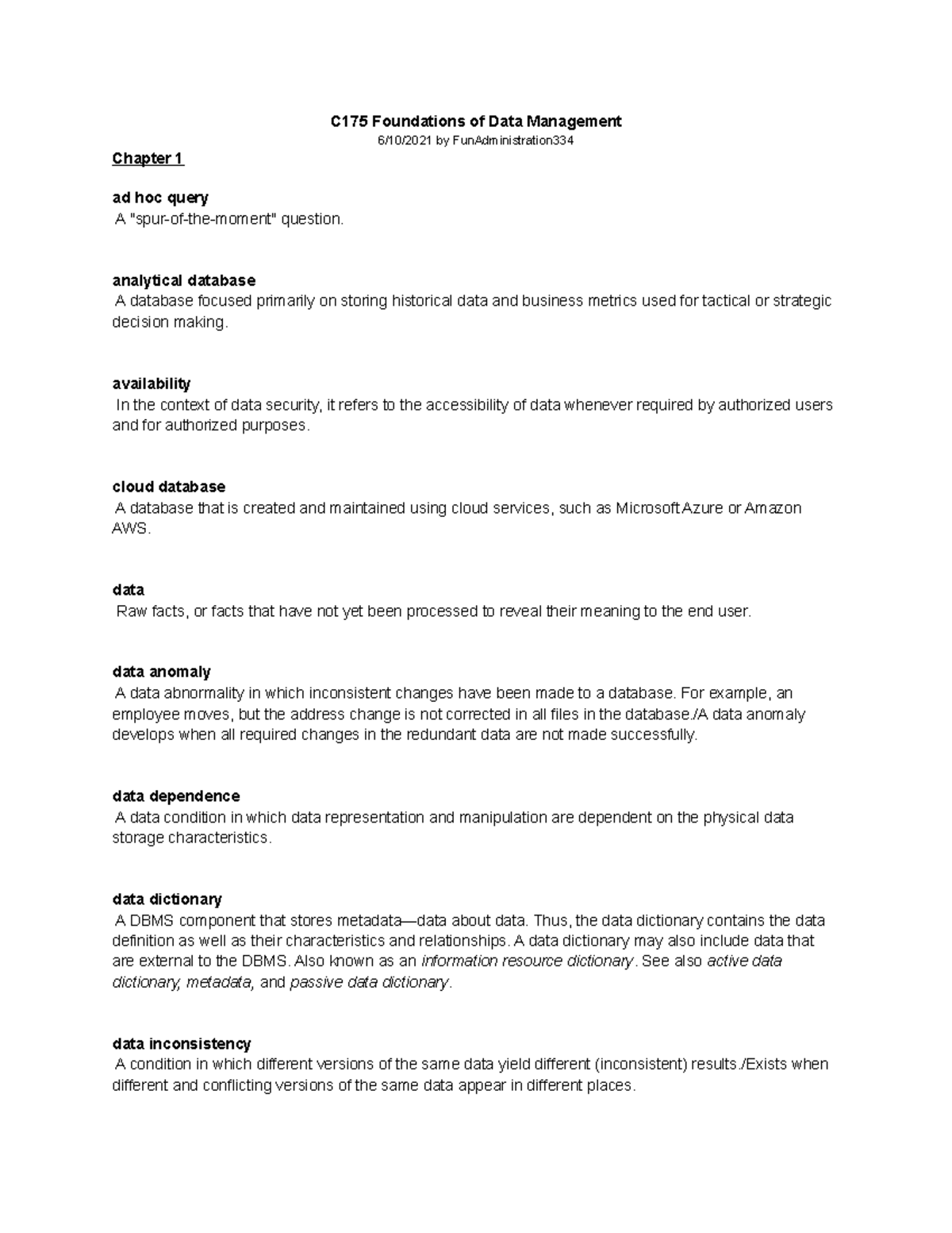C175 Chapter Summaries and Vocabulary - C175 Foundations of Data ...