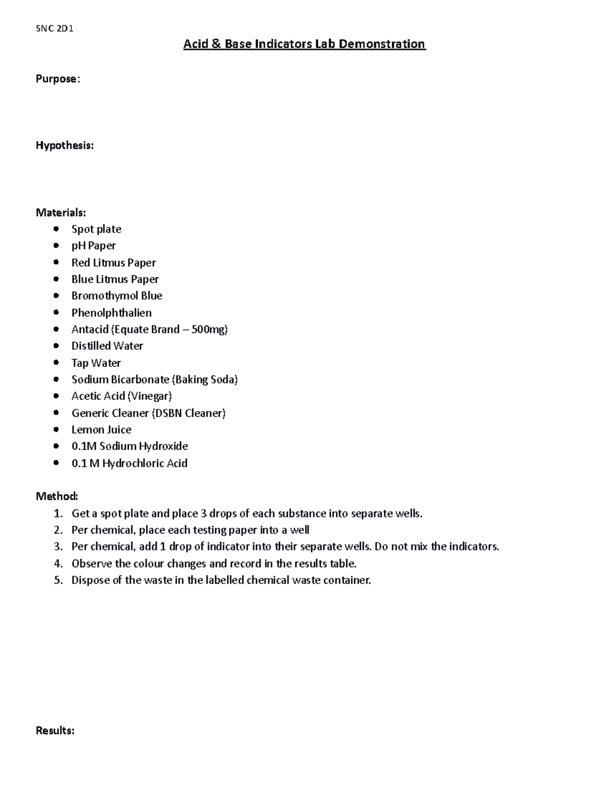 Acid Base Lab 2020 - acid base lab - SNC 2D Acid & Base Indicators Lab Demonstration Purpose ...