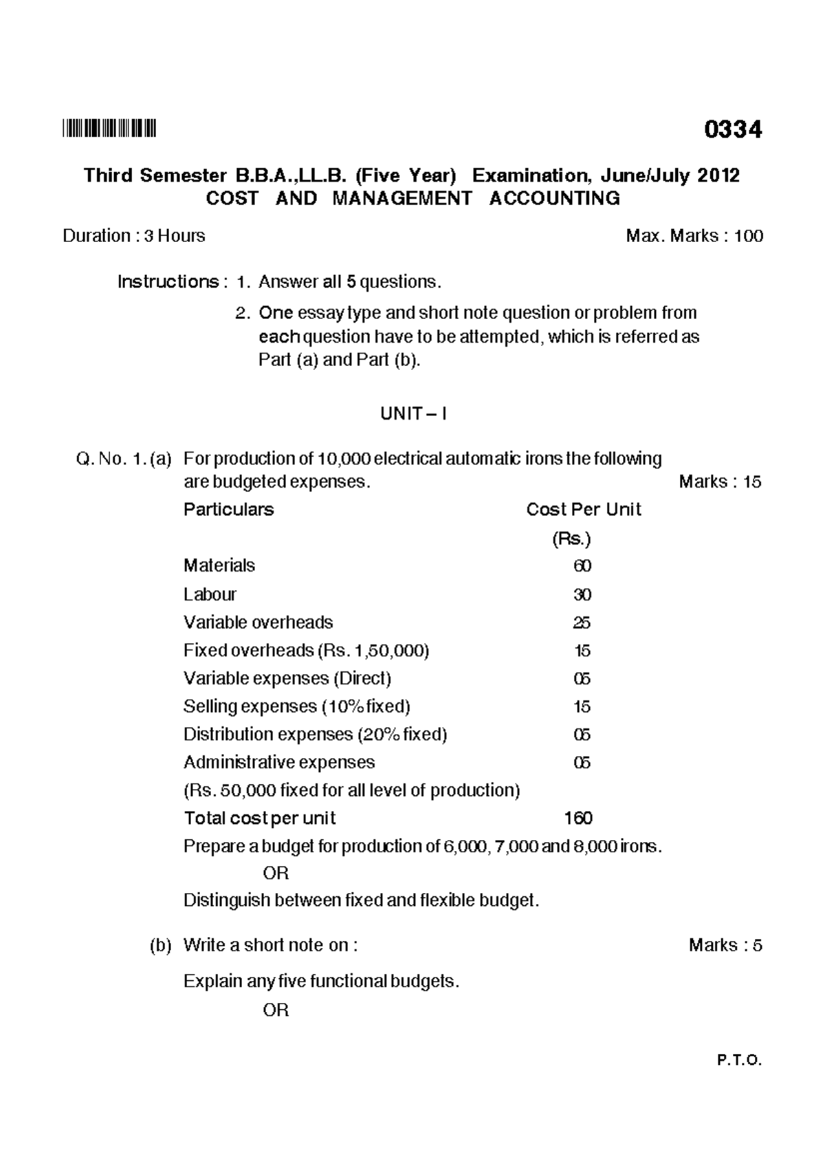 cost and management accounting previous year question paper - BHQQRB 0334 Third Semester B.B.,LL ...