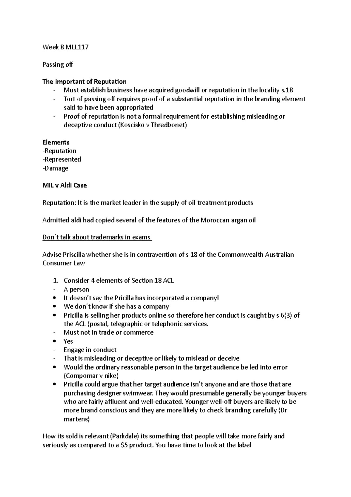 Week 8 MLL117 - The tort of passing off prac question dot pointed ...