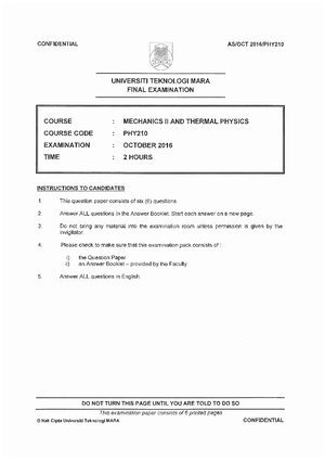 Tutorial WEEK 8 PHY210 - Mechanics and Thermal Physics - UiTM - Studocu