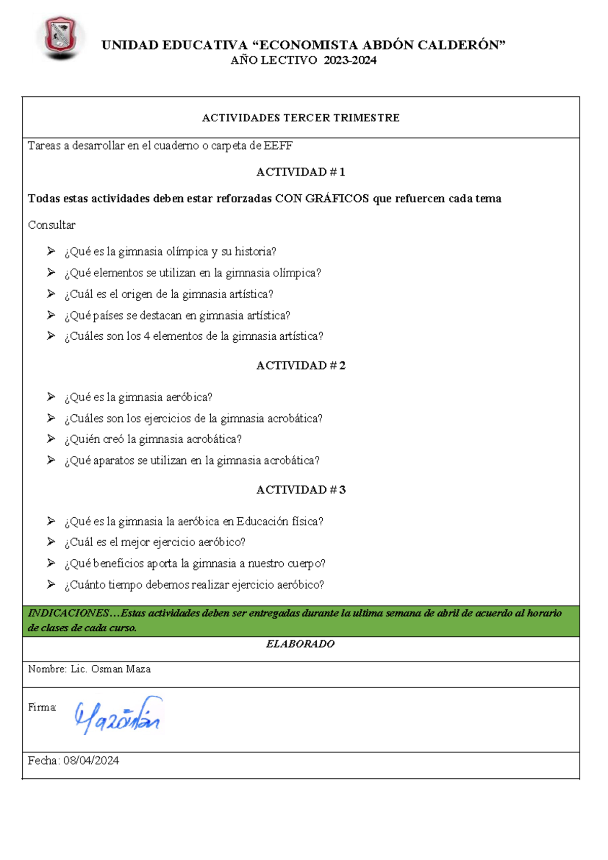 Actividades Tercer Trimestre EEFF - UNIDAD EDUCATIVA “ECONOMISTA ABDÓN CALDERÓN” AÑO LECTIVO ...
