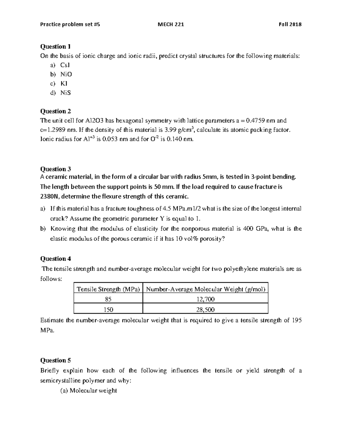 Practice Problem Set #5 - Practice problem set #5 MECH 221 Fall 2018 ...