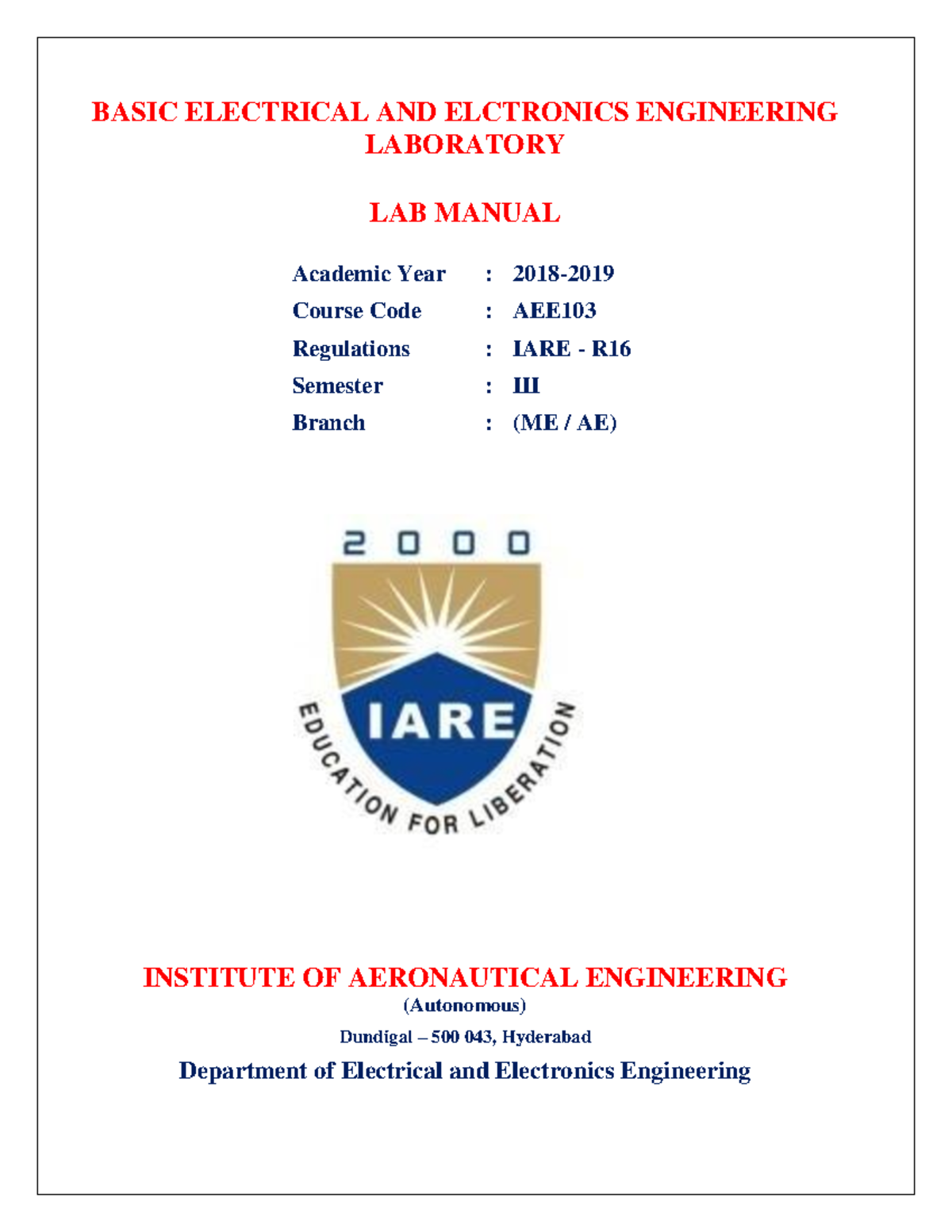 IARE- BEEE LAB Manual 2018-19 - BASIC ELECTRICAL AND ELCTRONICS ...