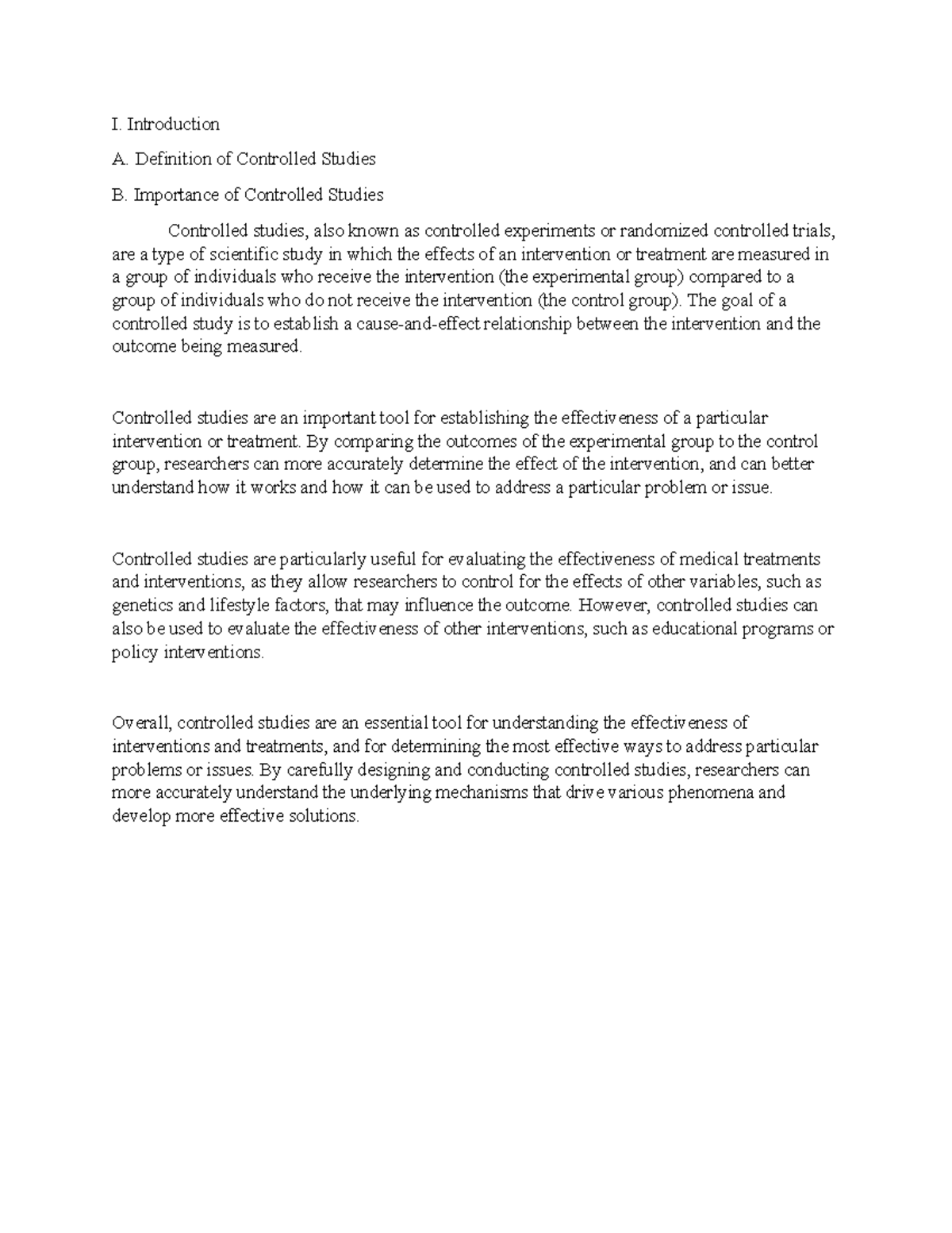 Controlled studies 1 - I. Introduction A. Definition of Controlled ...